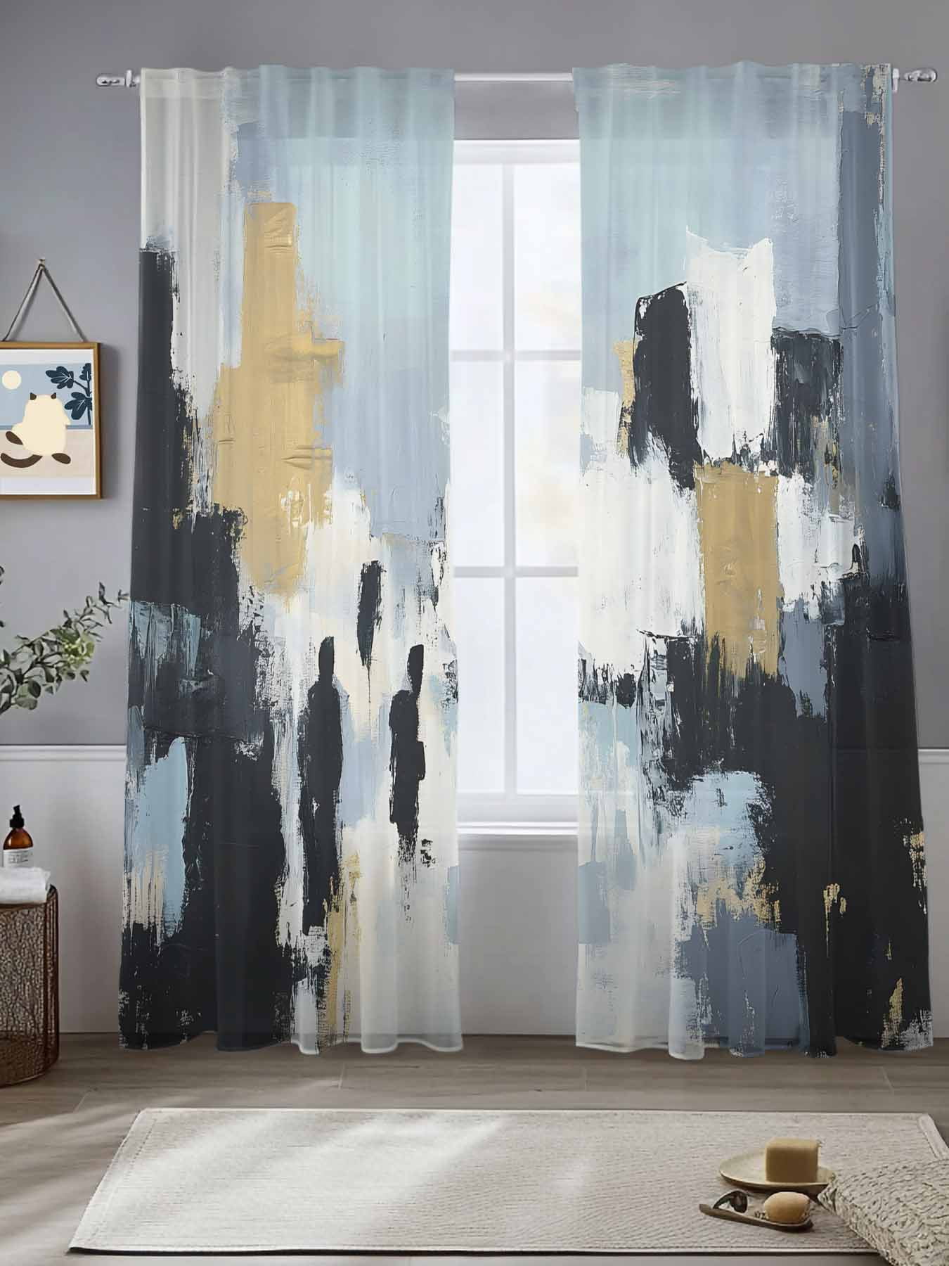 Abstract Color Block Sheer Curtains 84 Inches Long 2 Panels Black Gold ...