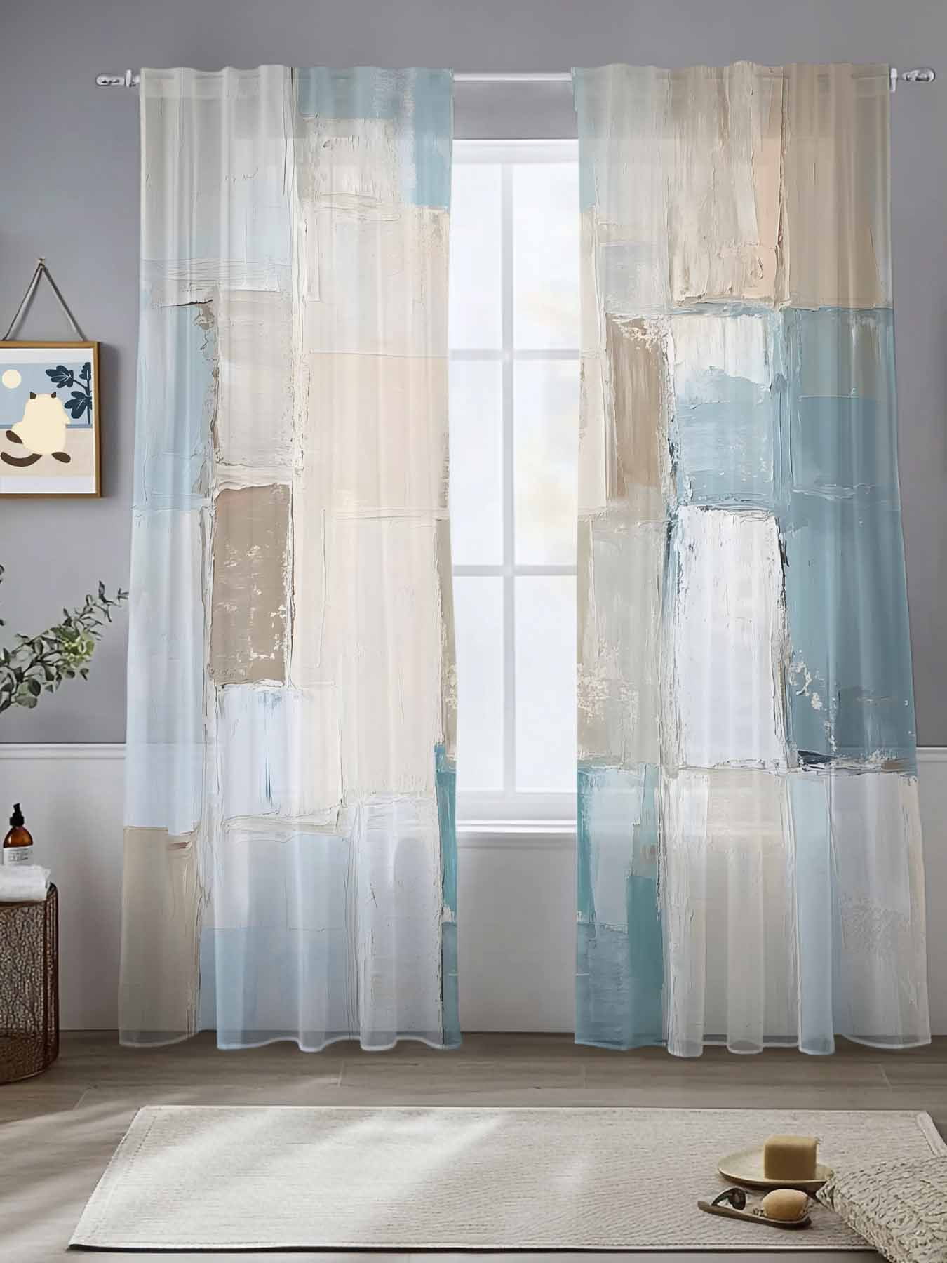 Abstract Color Block Sheer Curtains 84 Inches Long 2 Panels Blue Beige ...