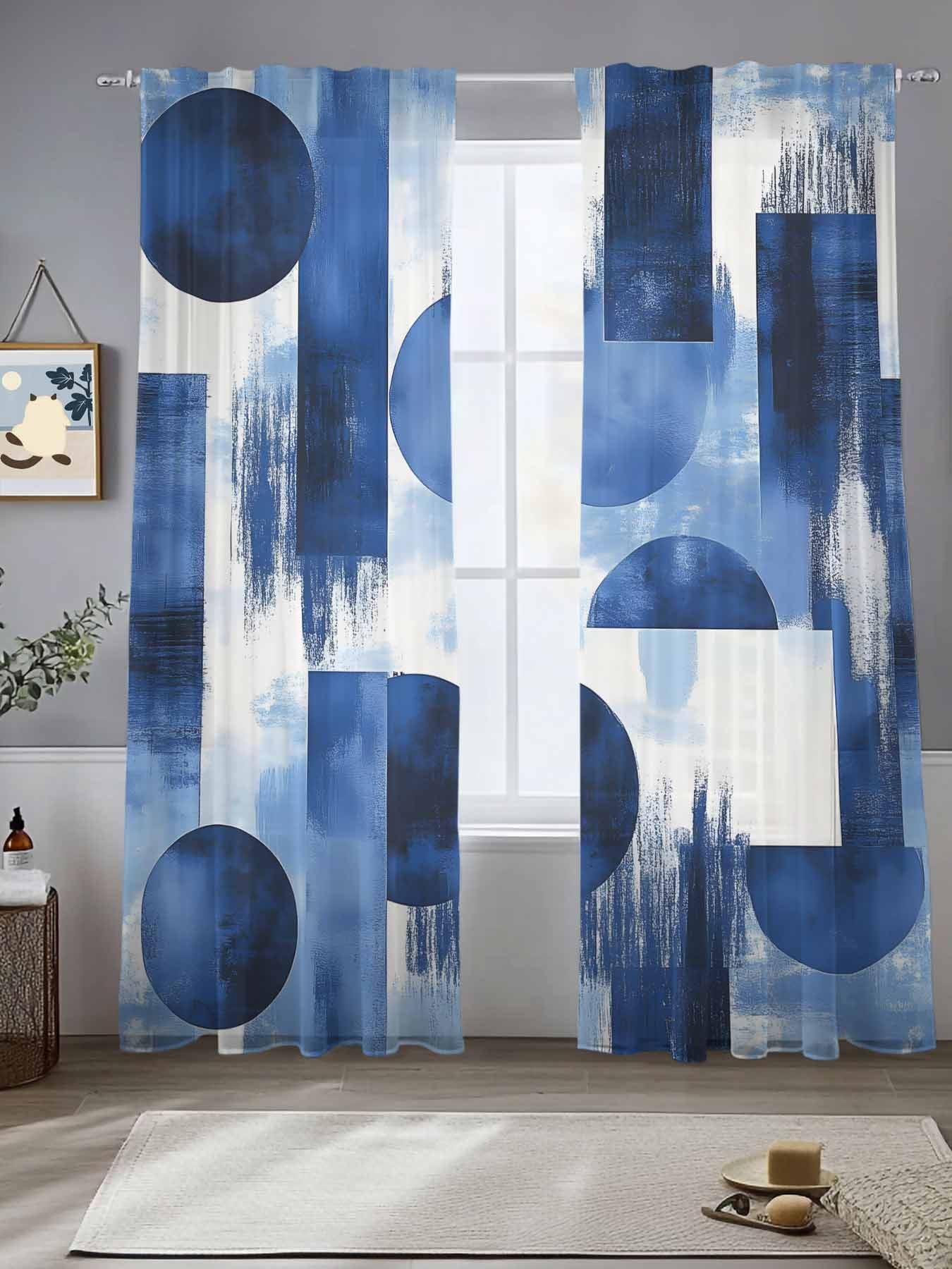 Abstract Color Block Sheer Curtains 84 Inches Long 2 Panels Blue White ...