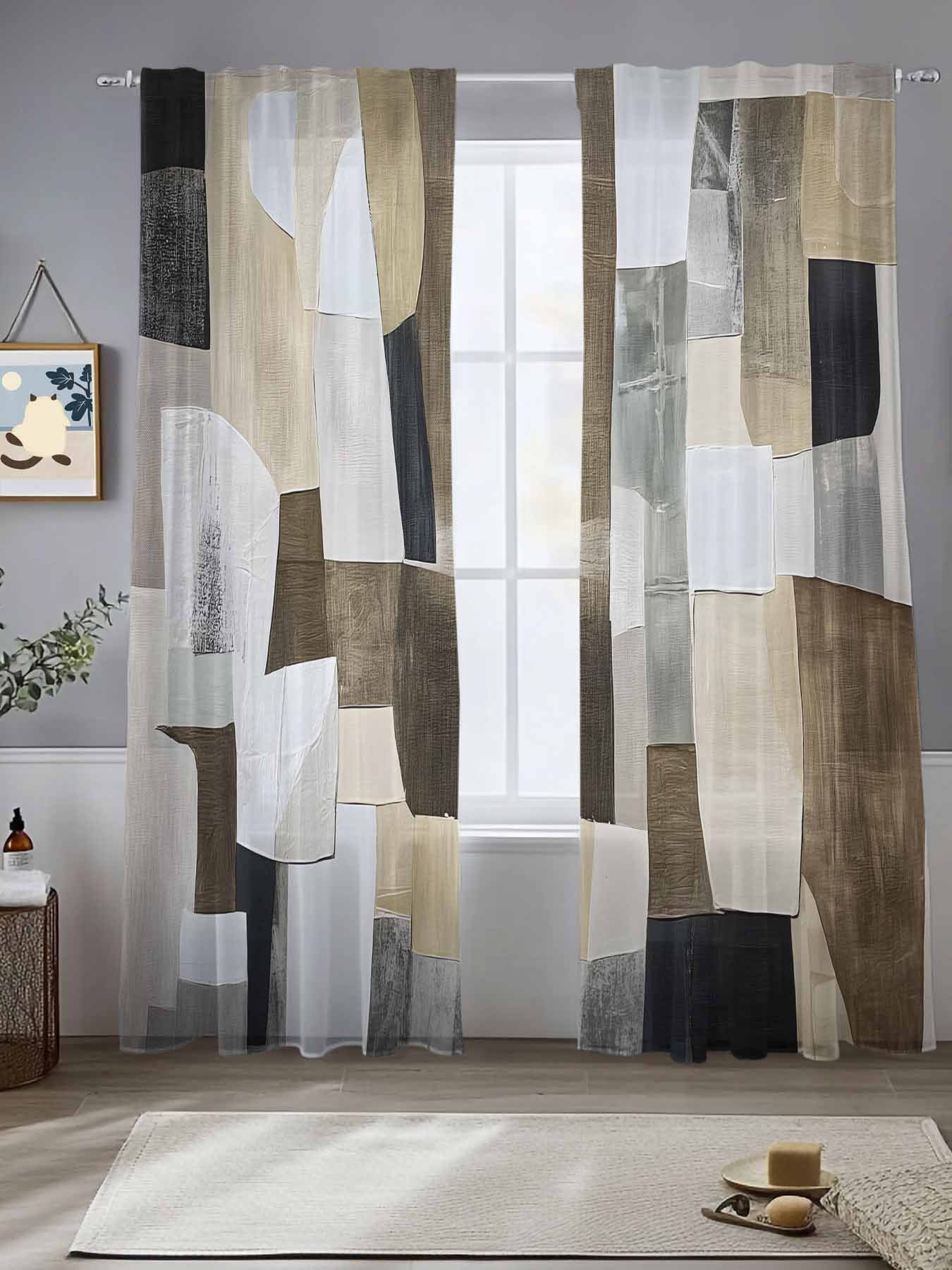 Abstract Color Block Sheer Curtains 84 Inches Long 2 Panels Brown White ...