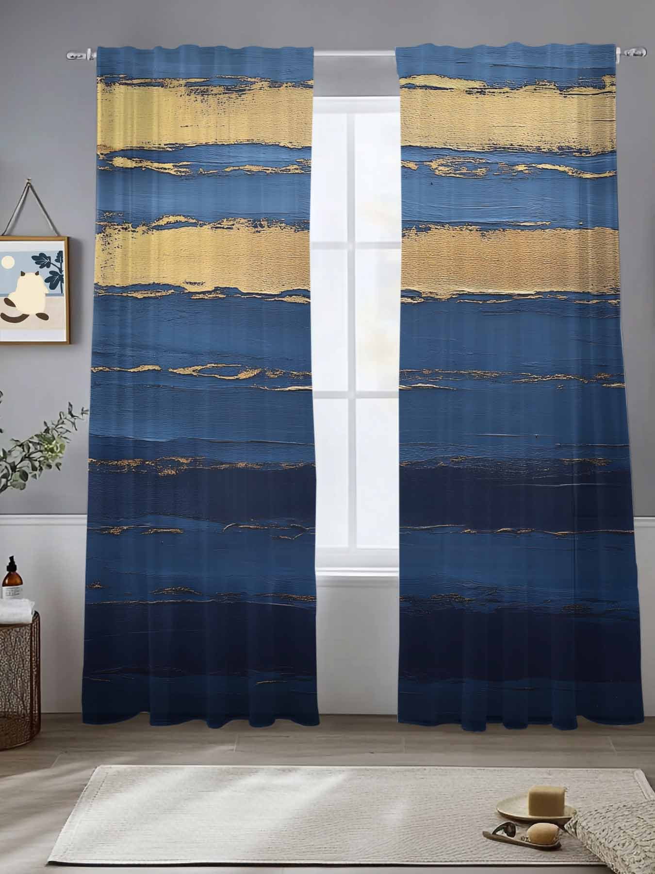 Abstract Color Block Sheer Curtains 84 Inches Long 2 Panels Gold Blue ...