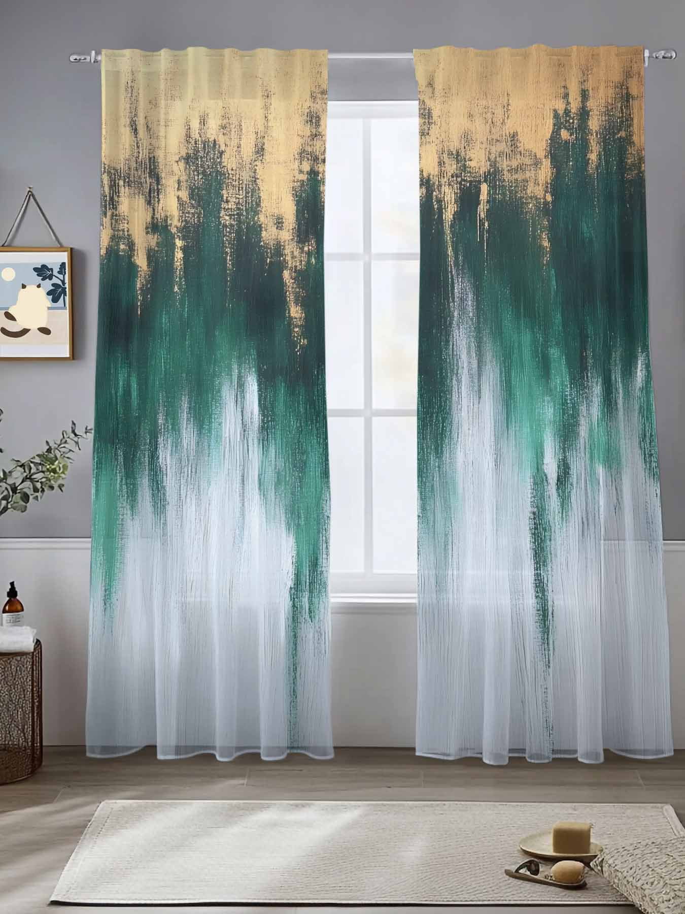 Abstract Color Block Sheer Curtains 84 Inches Long 2 Panels Gradient ...