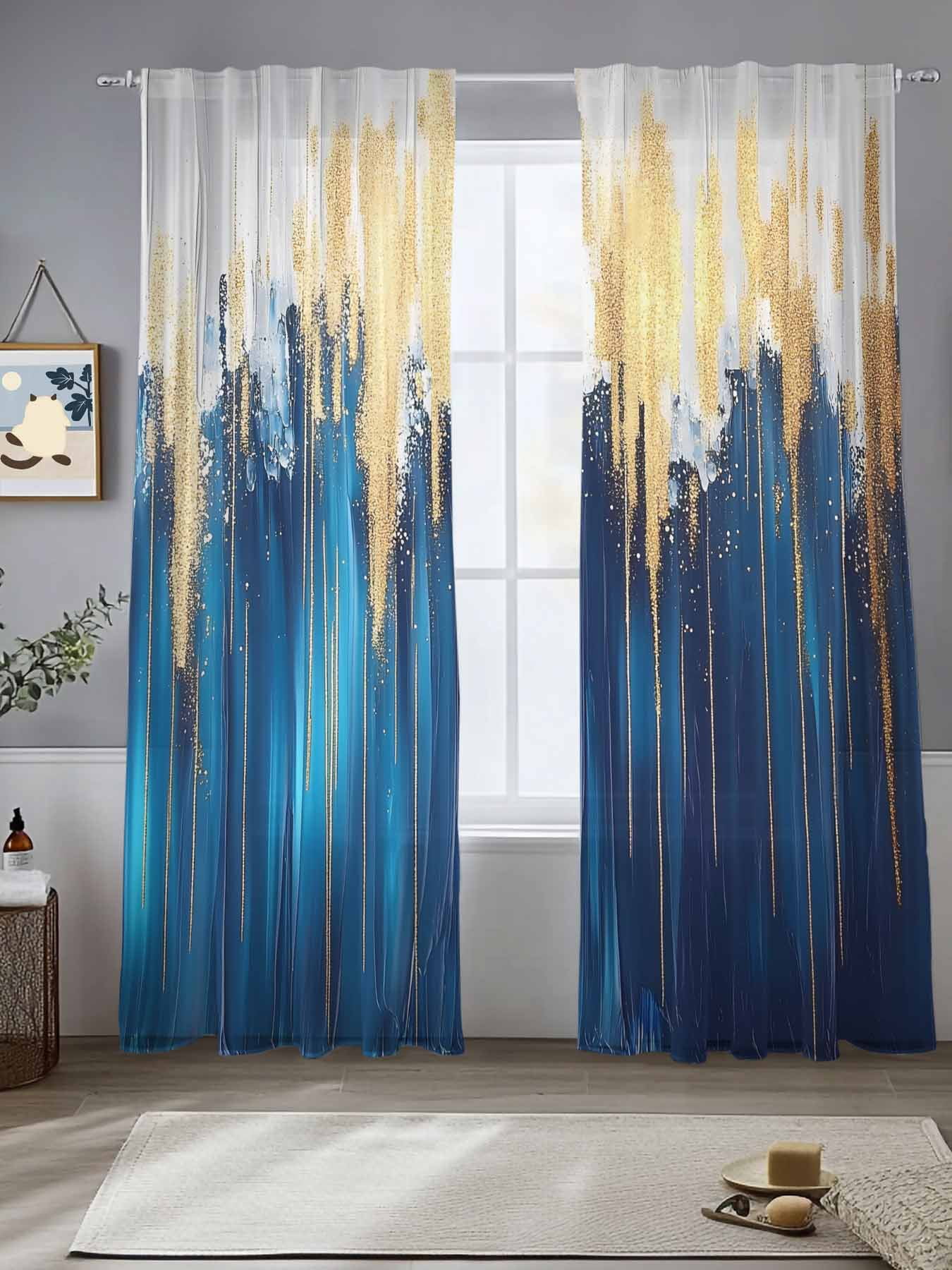 Abstract Color Block Sheer Curtains 84 Inches Long 2 Panels Navy Gold ...