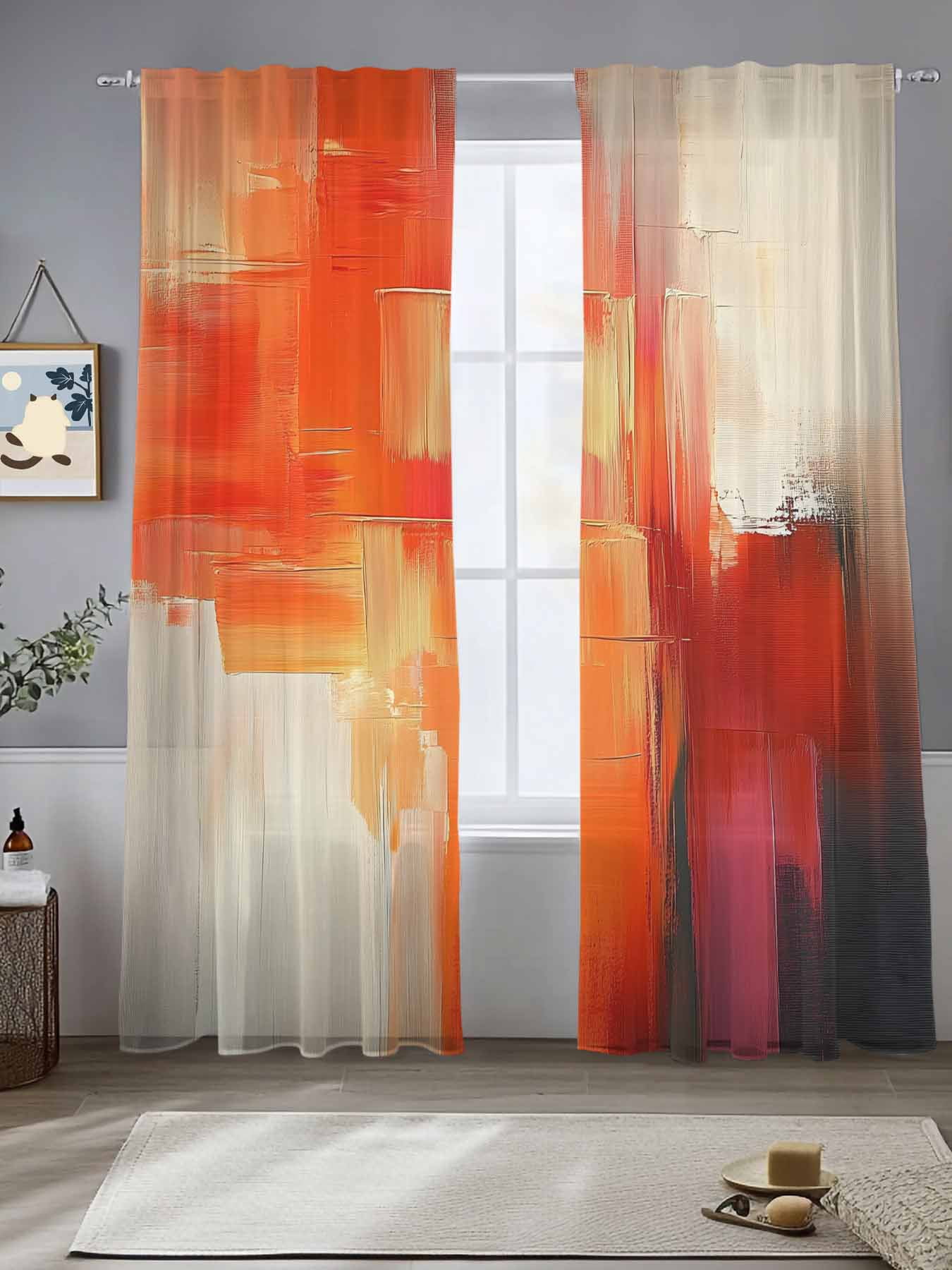 Abstract Color Block Sheer Curtains 84 Inches Long 2 Panels Orange ...