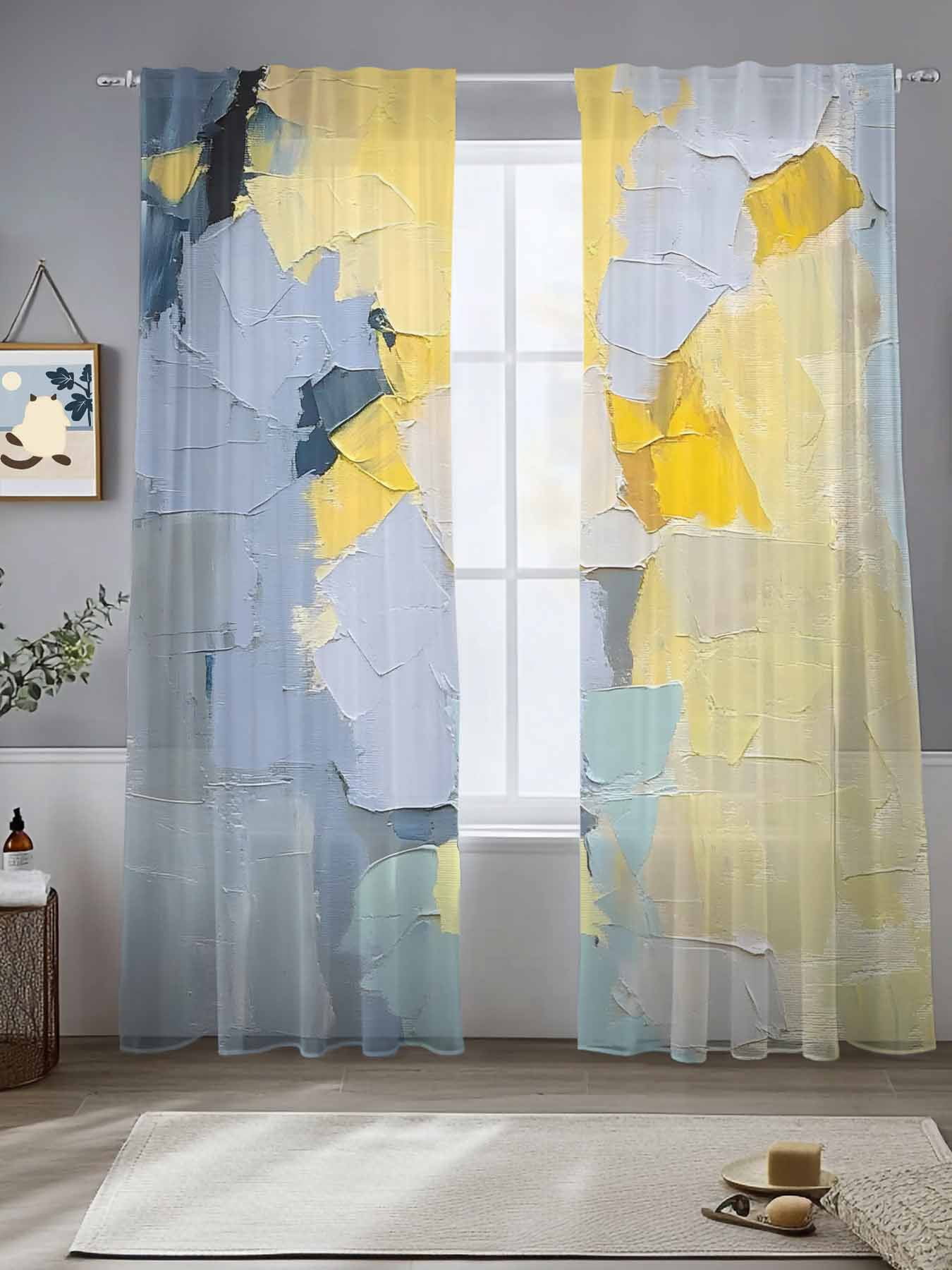 Abstract Color Block Sheer Curtains 84 Inches Long 2 Panels Yellow Blue ...