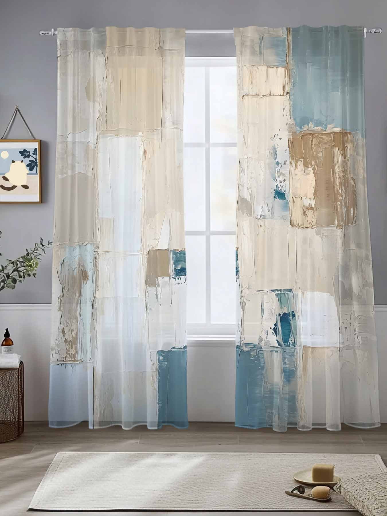 Abstract Color Block Sheer Curtains 96 Inches Long 2 Panels Beige ...