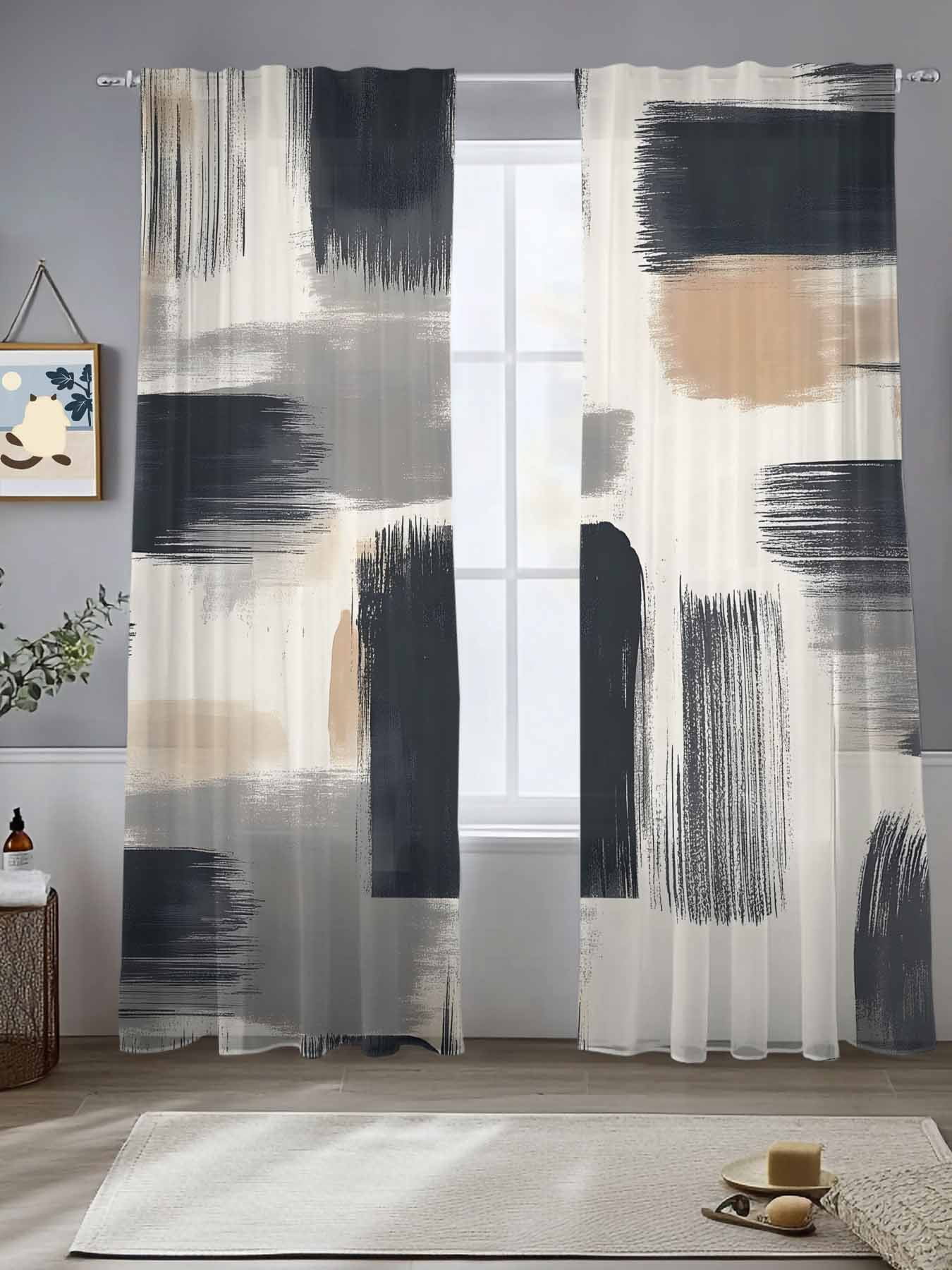 Abstract Color Block Sheer Curtains 96 Inches Long 2 Panels Black Grey ...