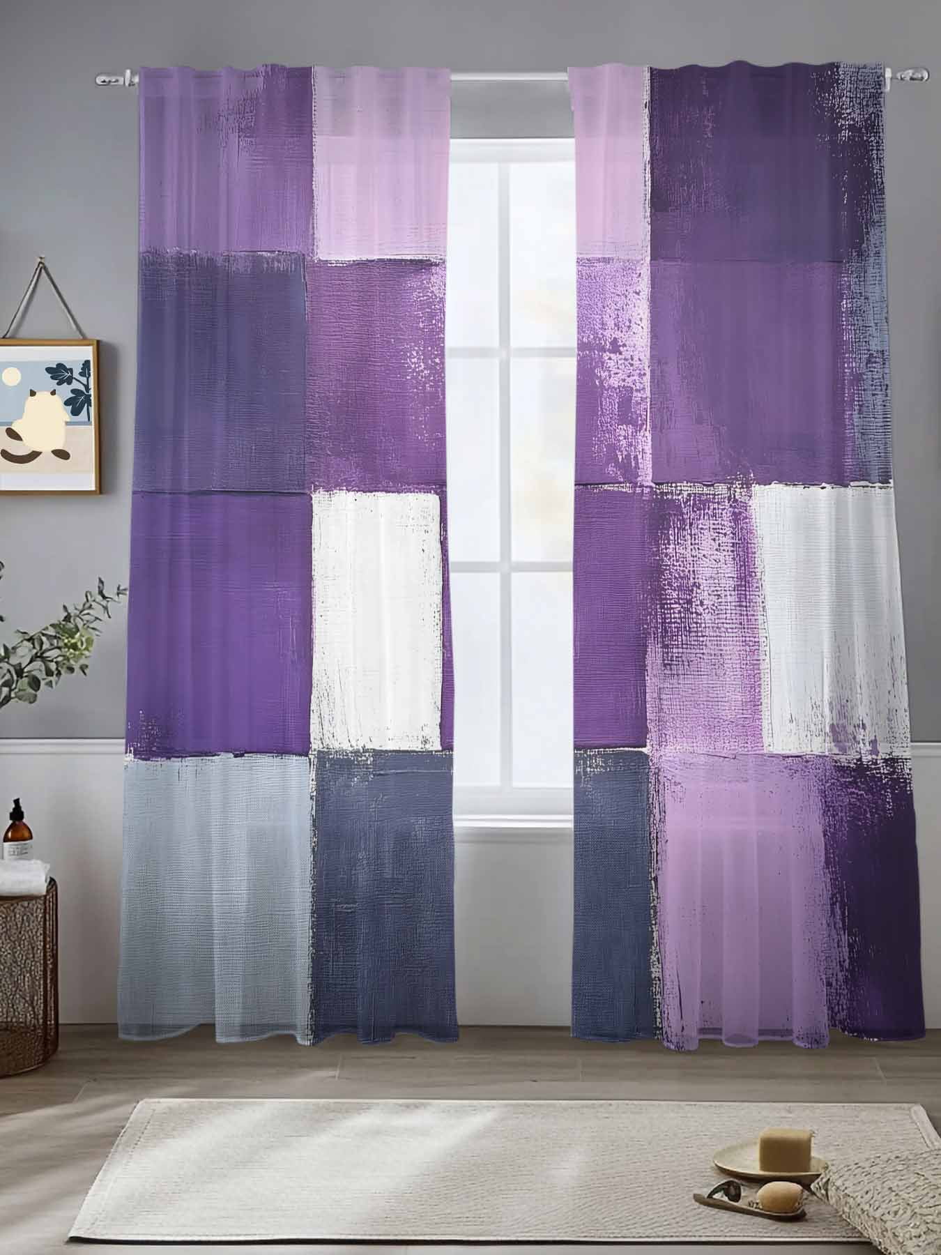 Abstract Color Block Sheer Curtains 96 Inches Long 2 Panels Dark Purple ...