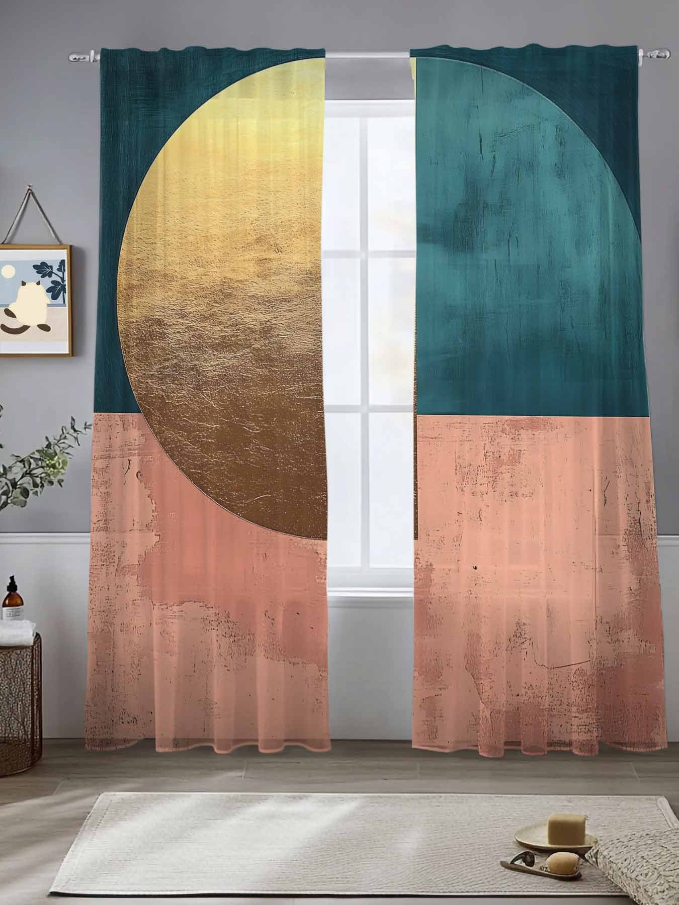 Abstract Color Block Sheer Curtains 96 Inches Long 2 Panels Gold Blue ...