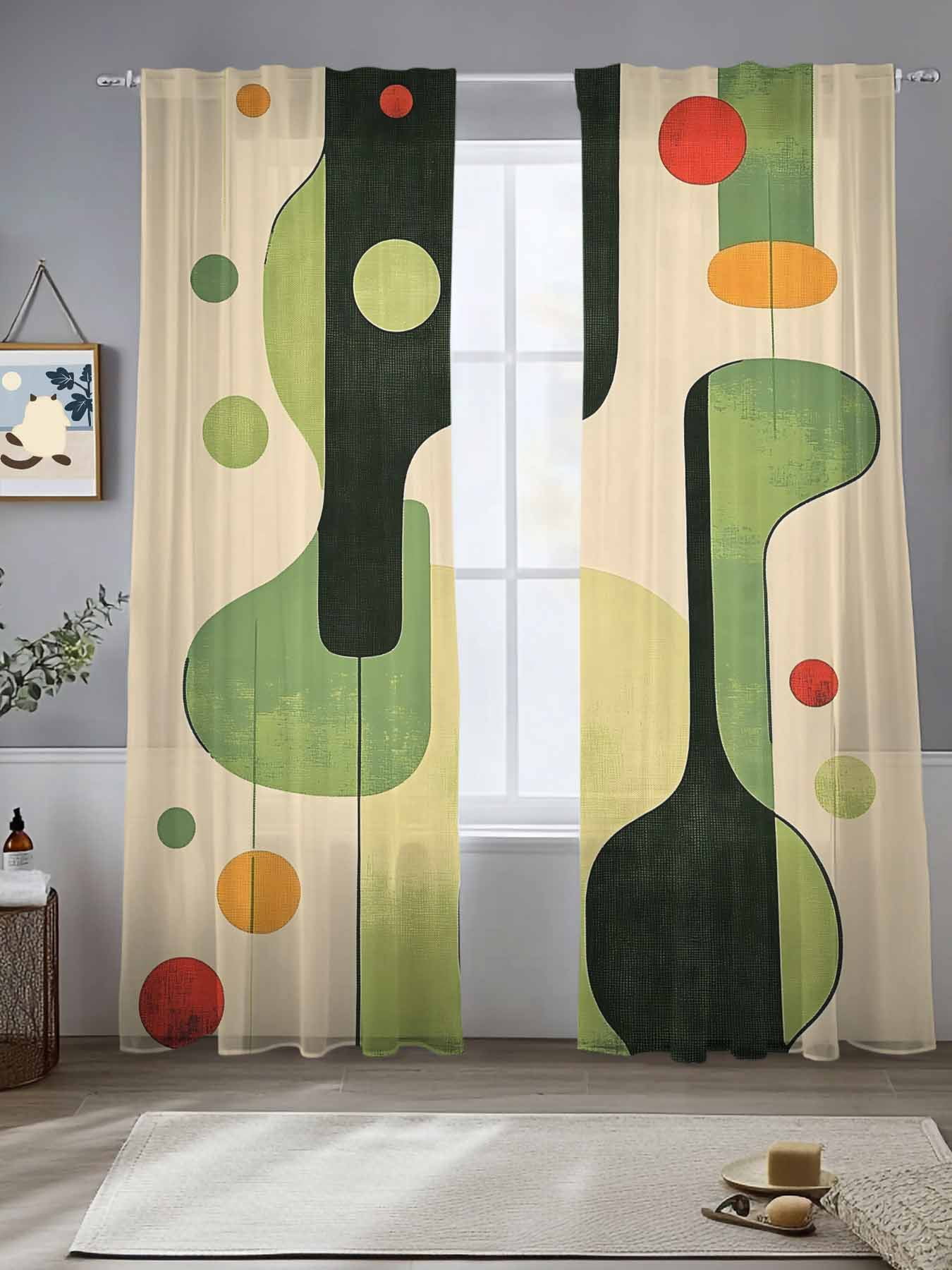 Abstract Color Block Sheer Curtains 96 Inches Long 2 Panels Green Beige ...