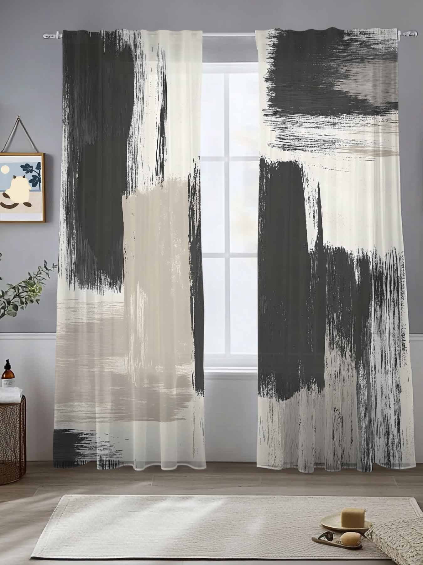 Abstract Color Block Sheer Curtains 96 Inches Long 2 Panels Grey Black ...