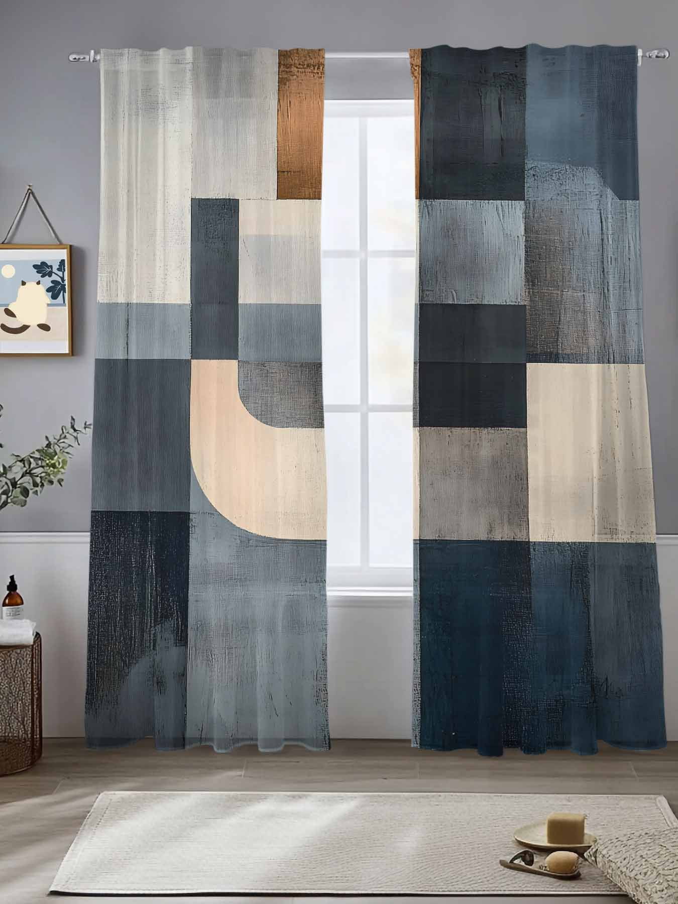 Abstract Color Block Sheer Curtains 96 Inches Long 2 Panels Grey Blue ...
