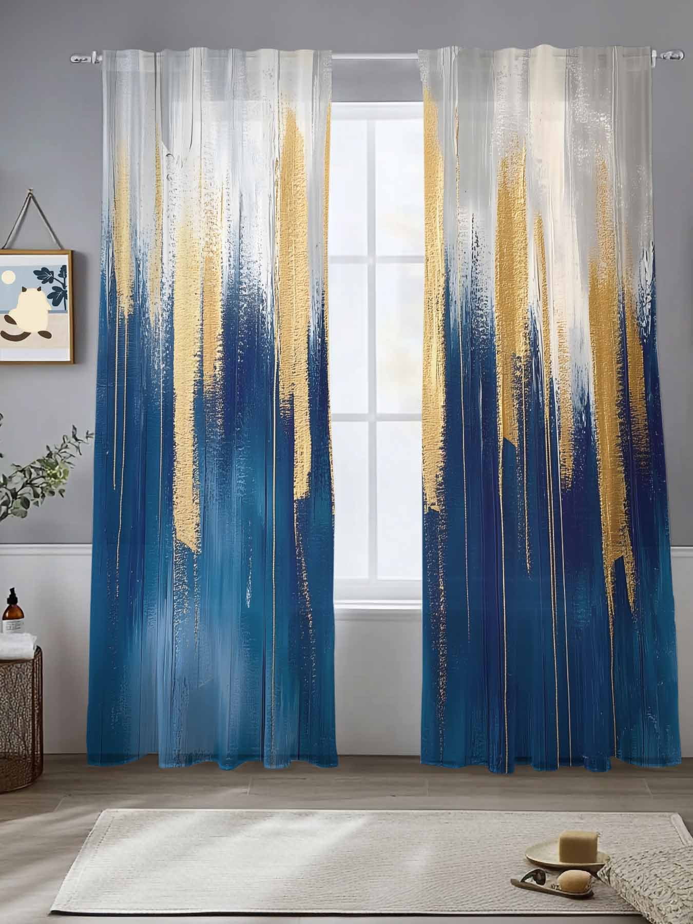 Abstract Color Block Sheer Curtains 96 Inches Long 2 Panels Navy Block ...