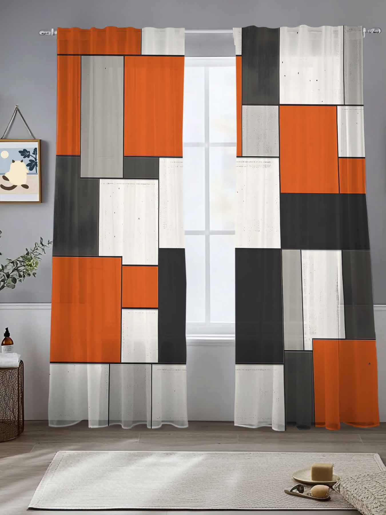 Abstract Color Block Sheer Curtains 96 Inches Long 2 Panels Orange ...