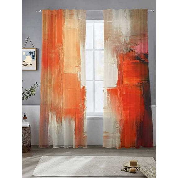 Abstract Color Block Sheer Curtains 96 Inches Long 2 Panels Orange ...