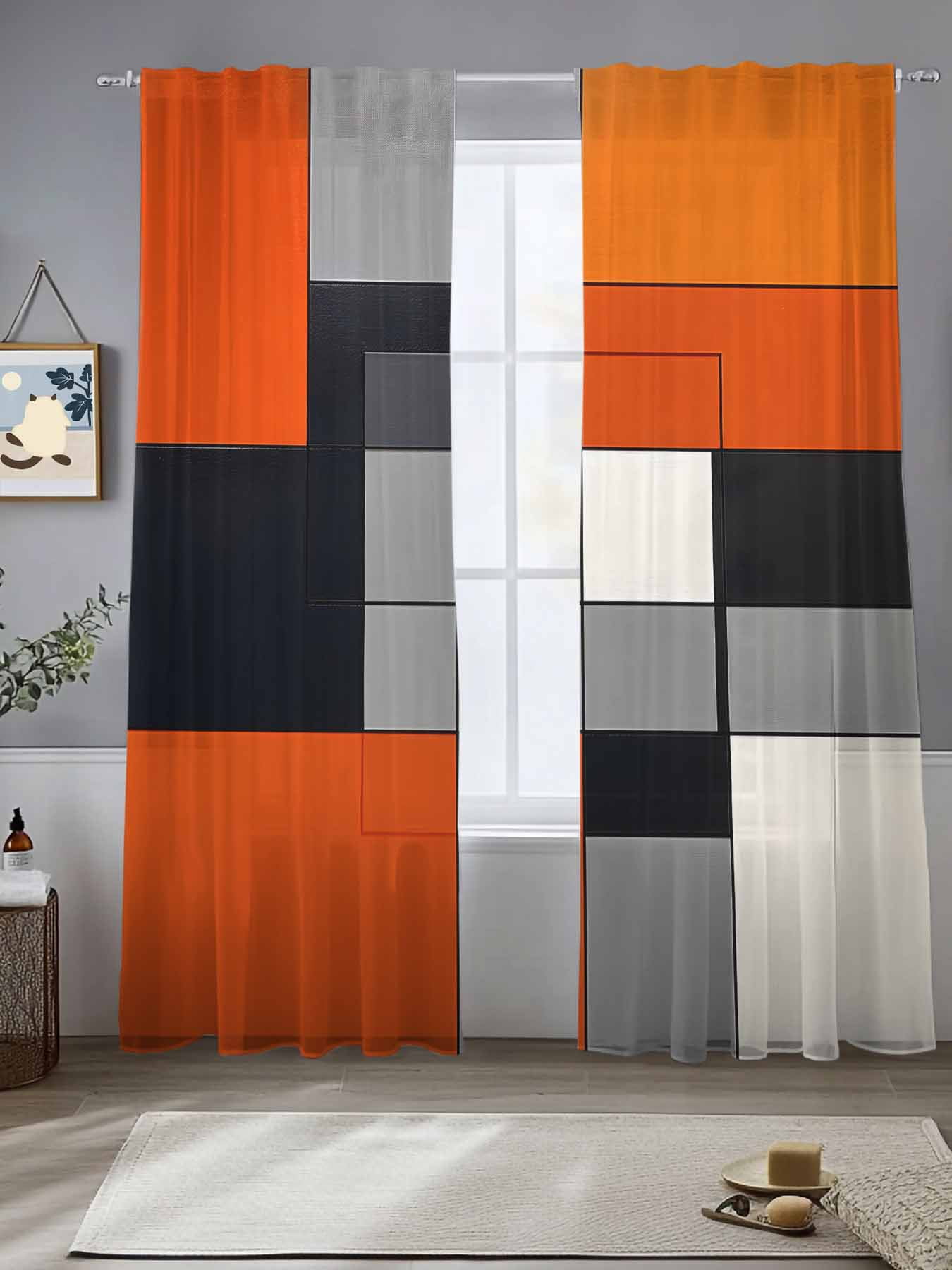 Abstract Color Block Sheer Curtains 96 Inches Long 2 Panels Orange Grey ...