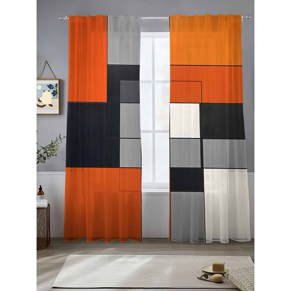 Abstract Color Block Sheer Curtains 96 Inches Long 2 Panels Orange Grey ...