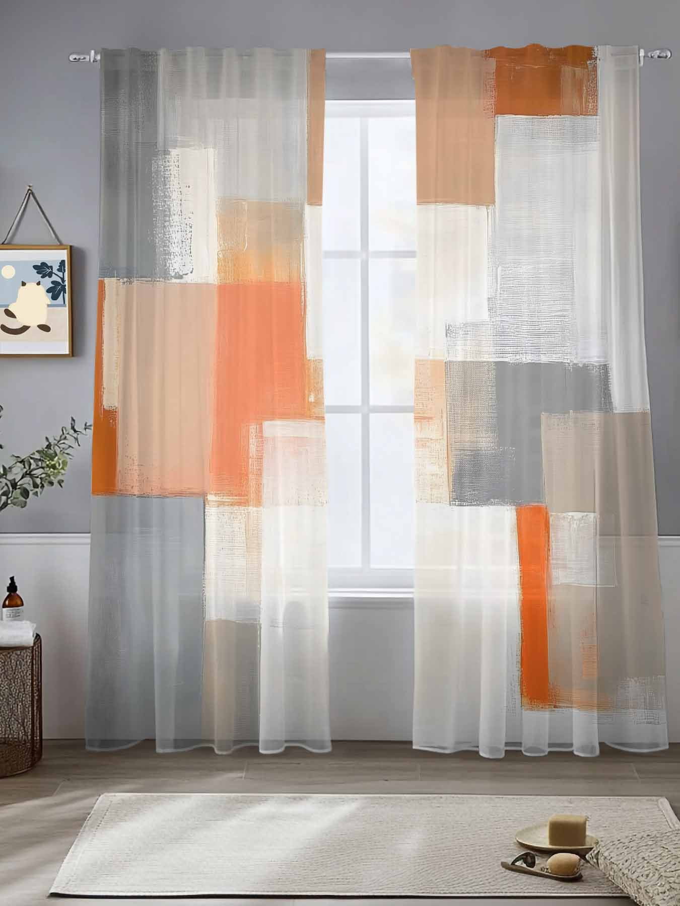 Abstract Color Block Sheer Curtains 96 Inches Long 2 Panels Orange Grey ...