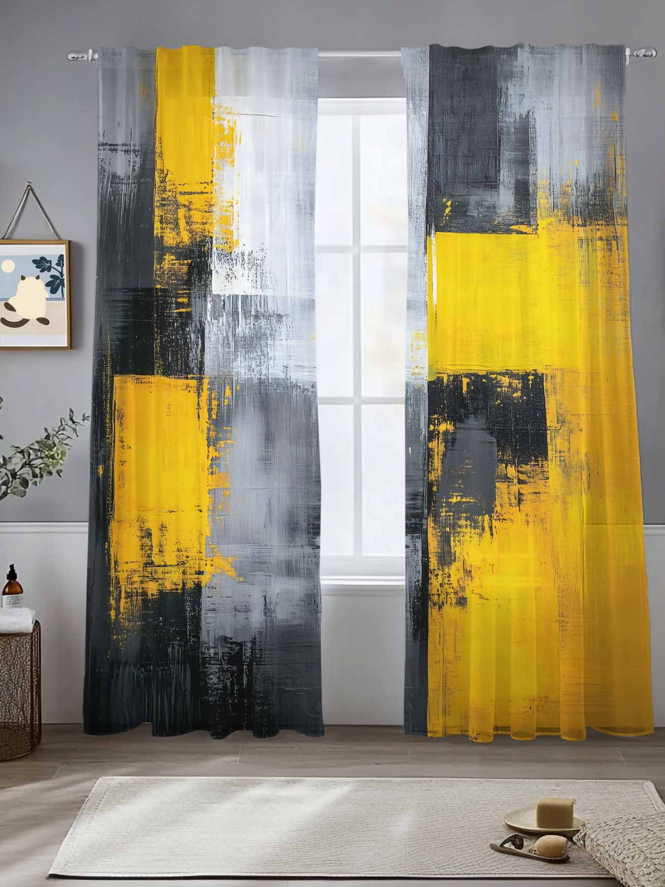 Abstract Color Block Sheer Curtains 96 Inches Long 2 Panels Yellow ...