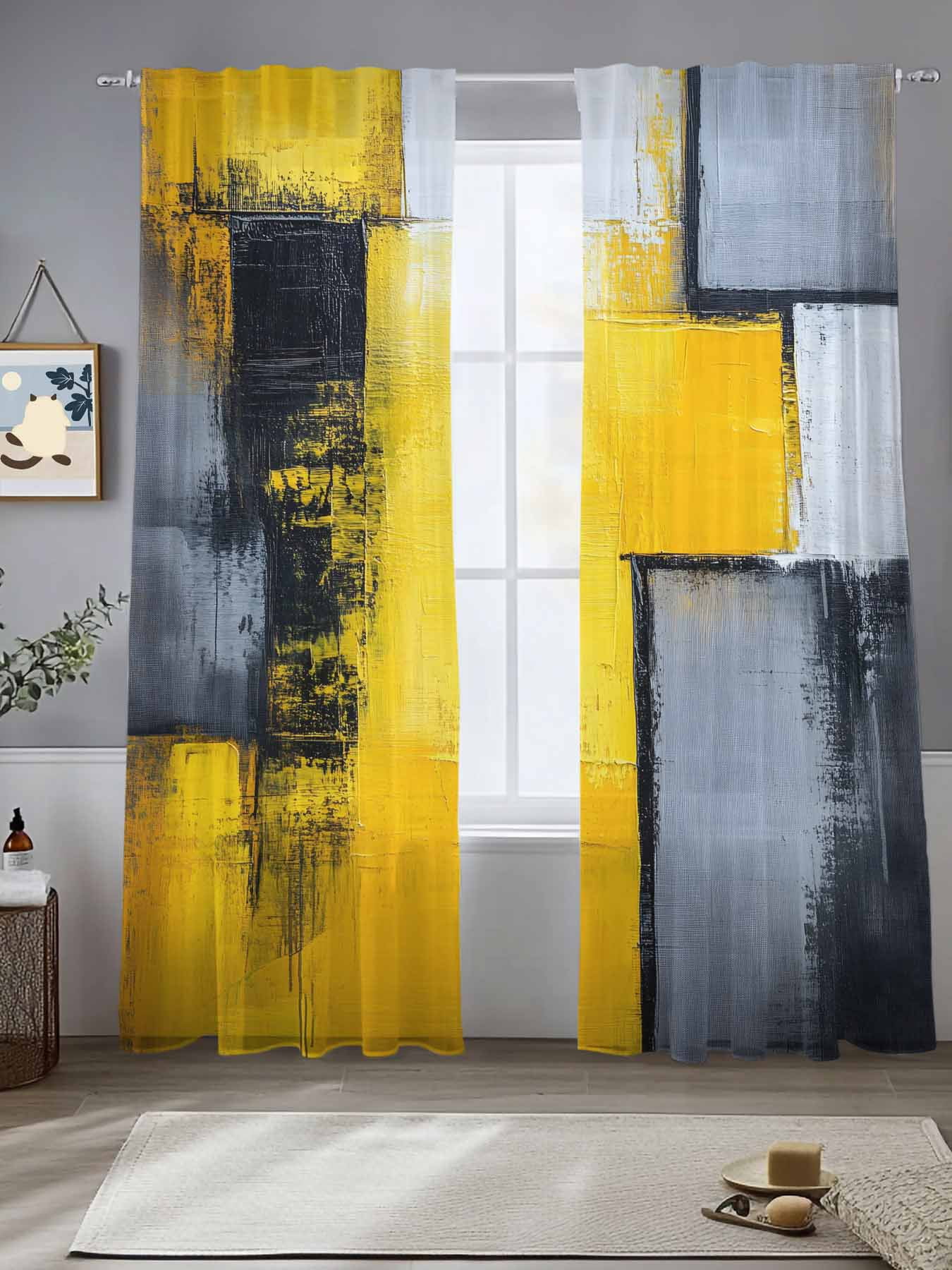 Abstract Color Block Sheer Curtains 96 Inches Long 2 Panels Yellow ...