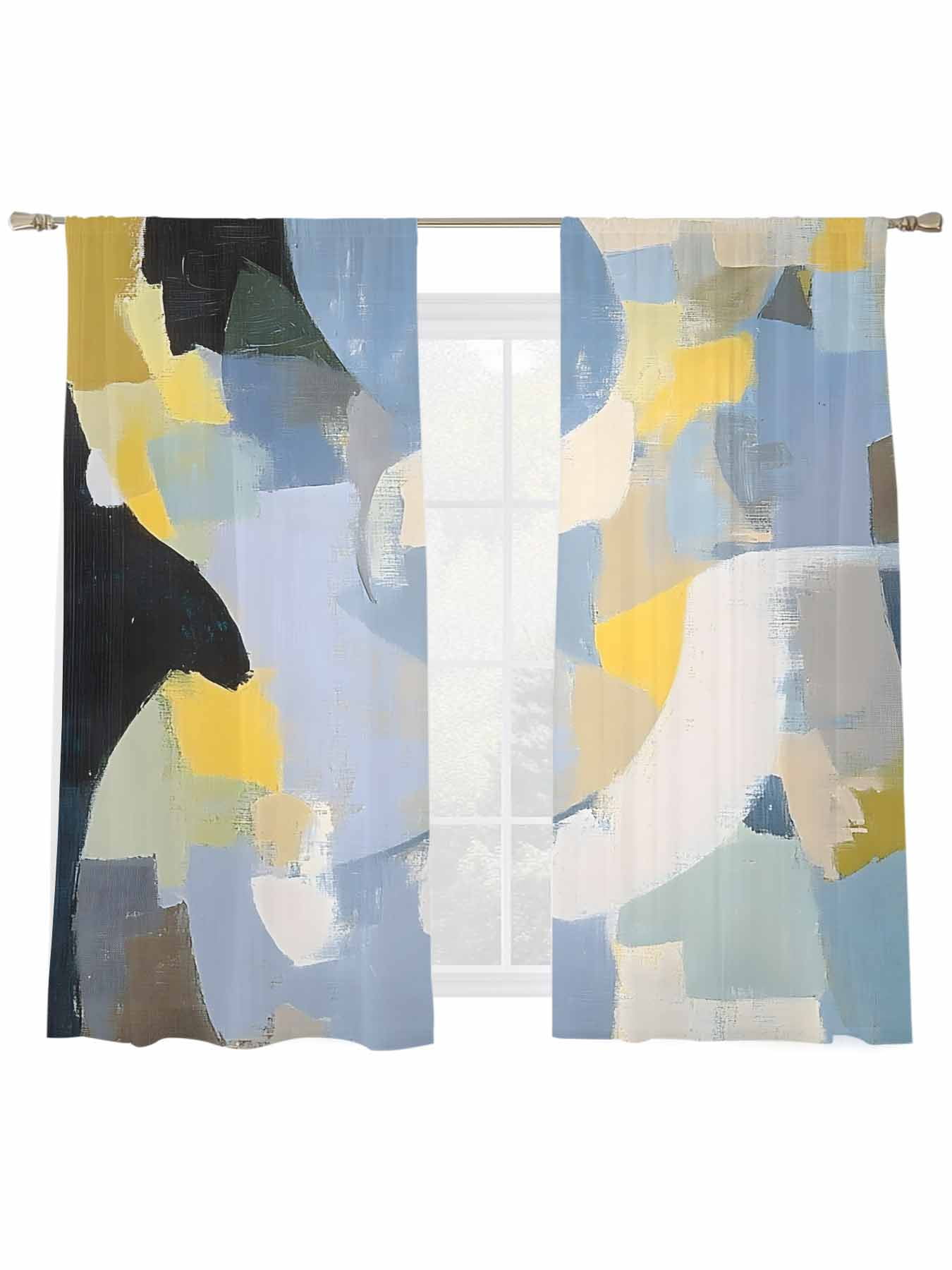 Abstract Color Block Sheer Curtains for Living Room Bedroom, Light ...