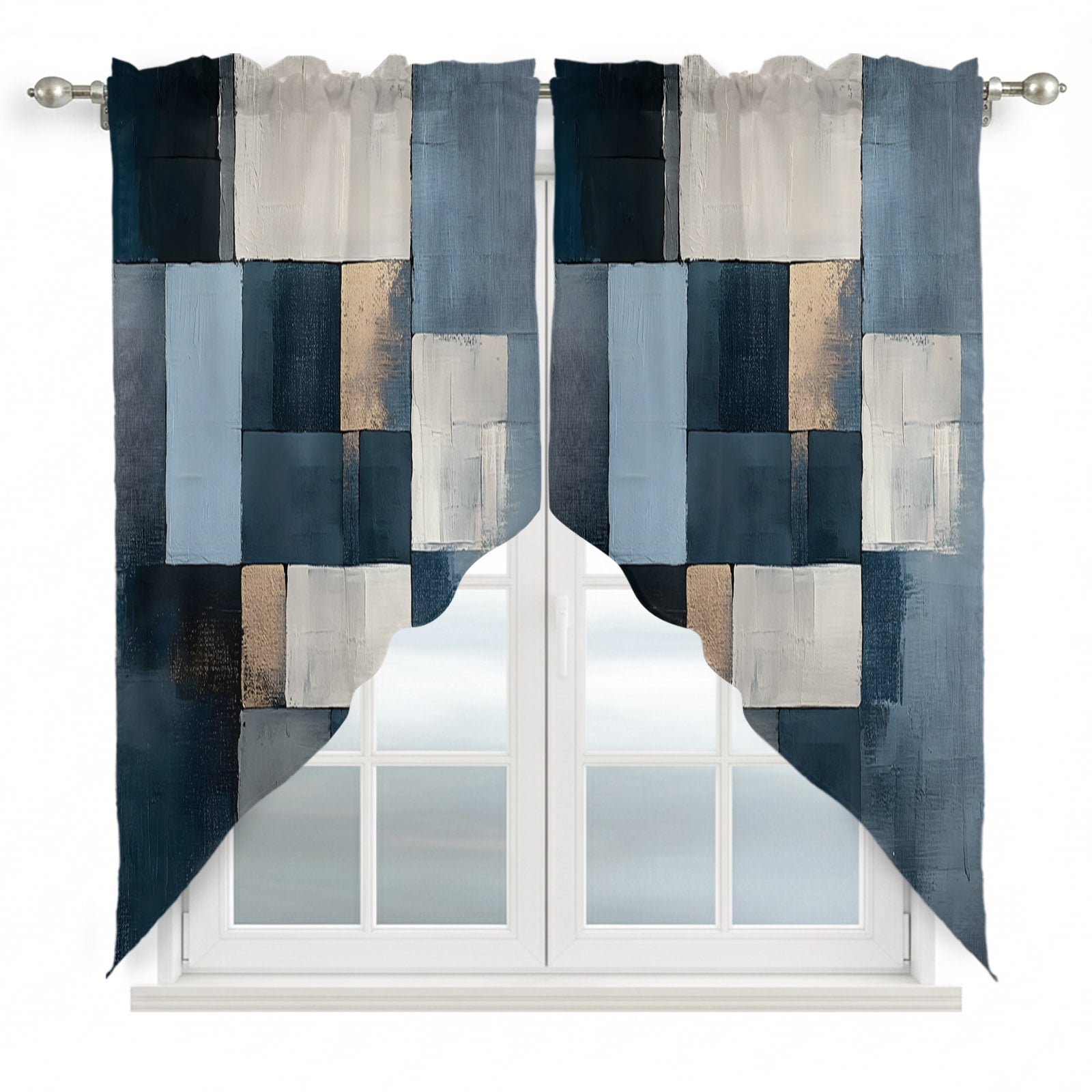 Abstract Color Block Swag Curtain Valance for Window 2 Panels Grey Blue ...
