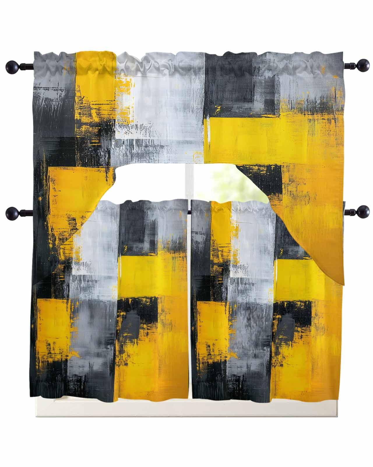 Abstract Color Block Swag Valance and Tier Curtains Set Yellow Block ...