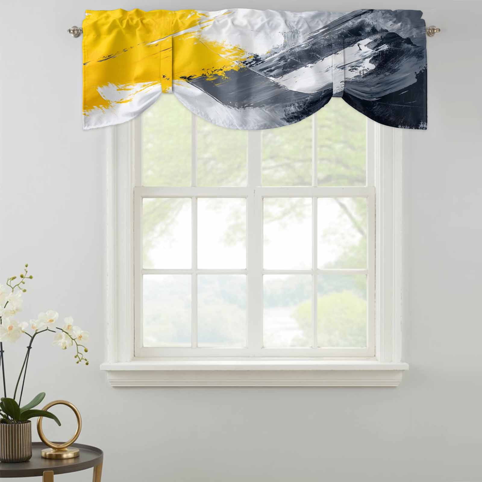 Abstract Color Block Tie Up Valances Curtain, Yellow Black Oil Painting ...