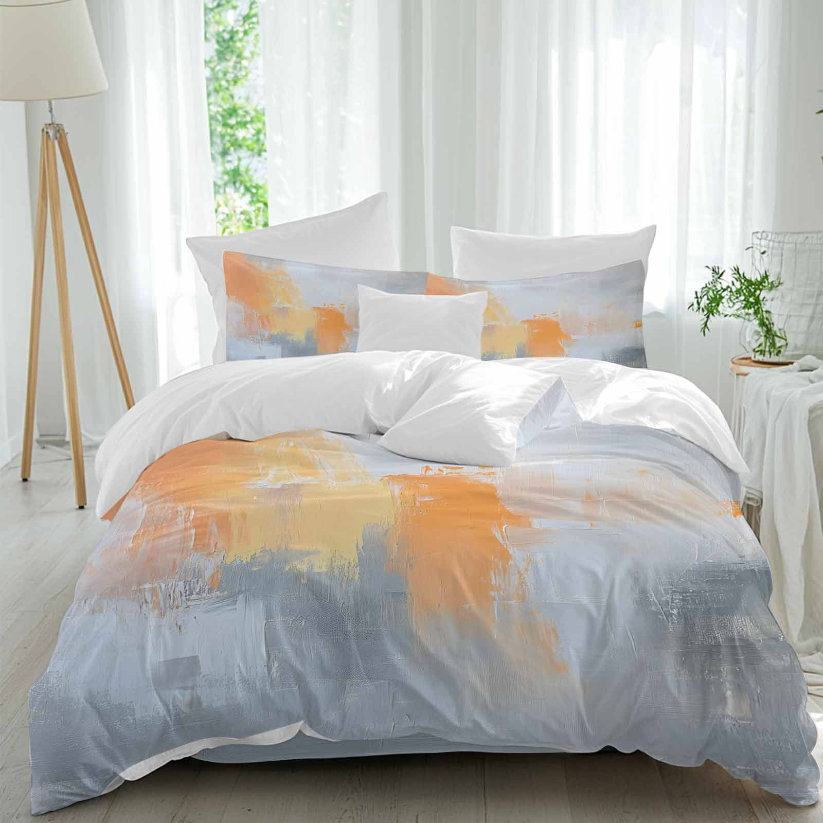 Abstract Color Block Twin Duvet Cover Set, Orange Gery Oil Painting ...