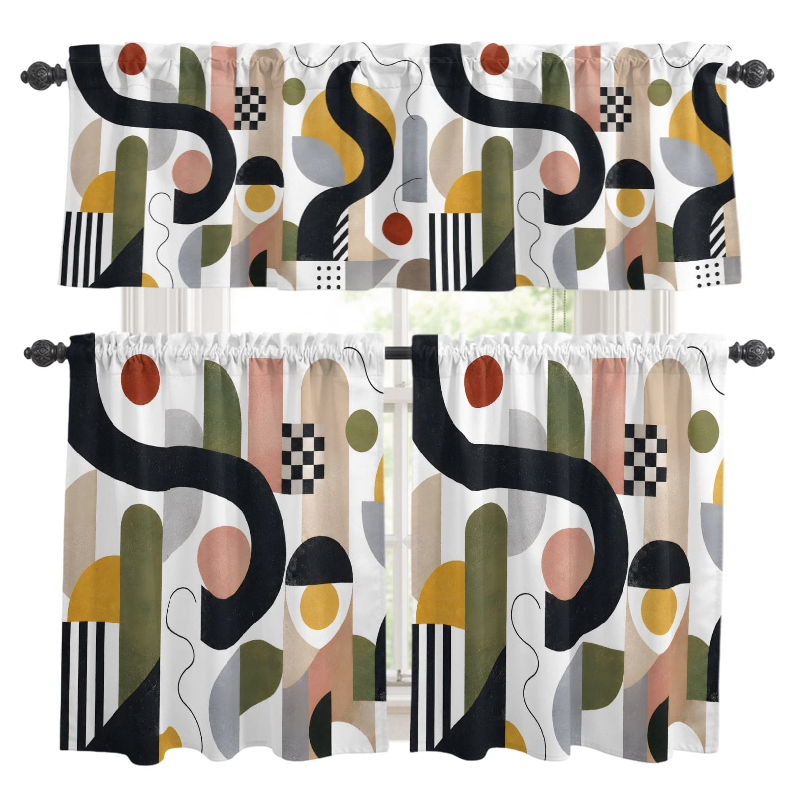 Abstract Color Block Window Curtains Valance Set of 3 Modern Black Pink ...