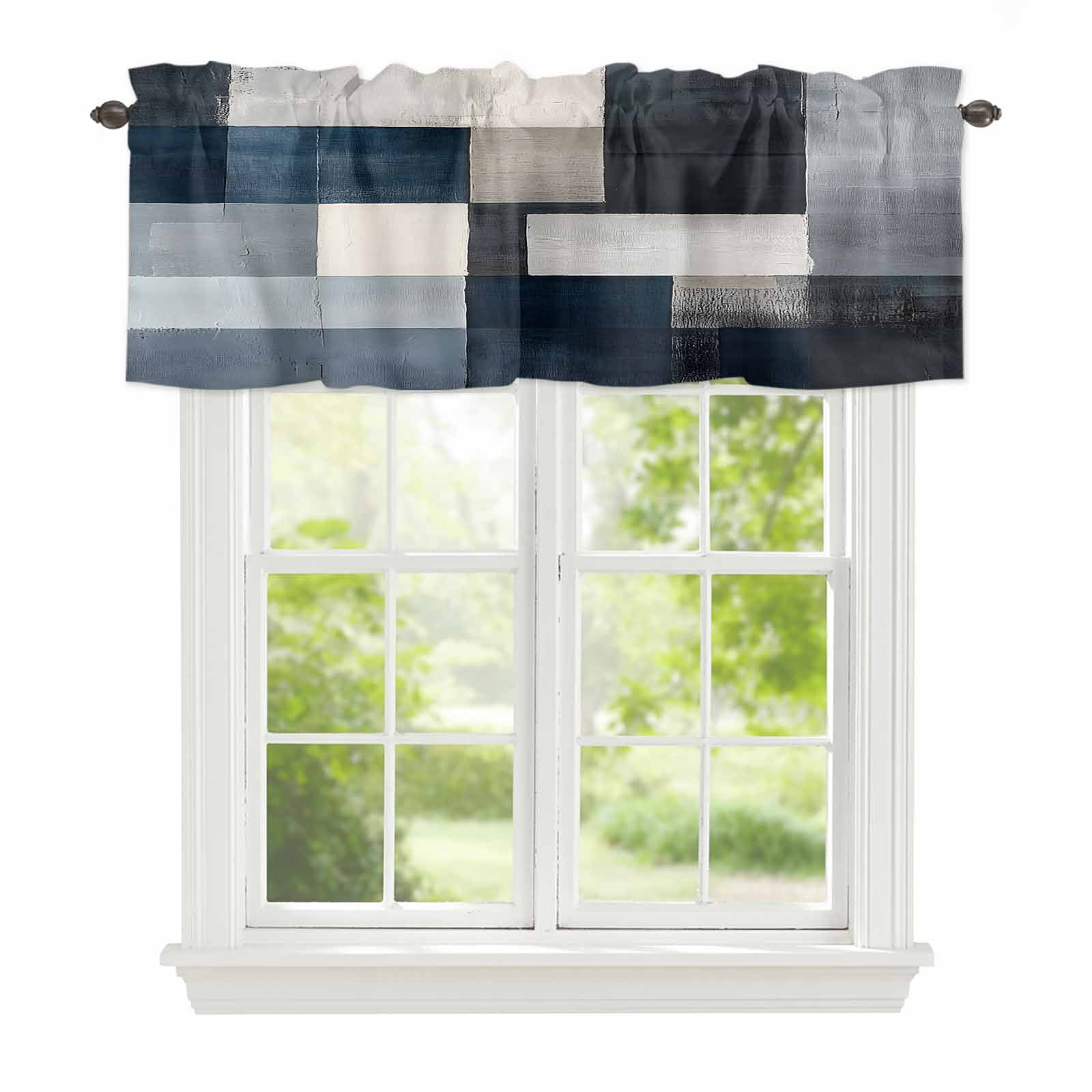 Abstract Color Block Window Valance Curtain Navy Blue Black Rod Pocket ...