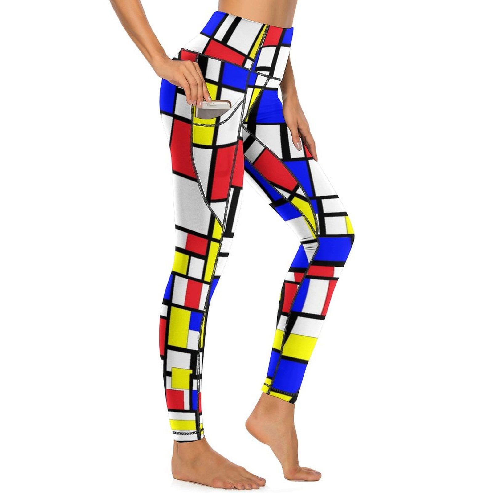 Abstract Color Block Yoga Pants With Pockets Leaf Print Leggings Sexy ...