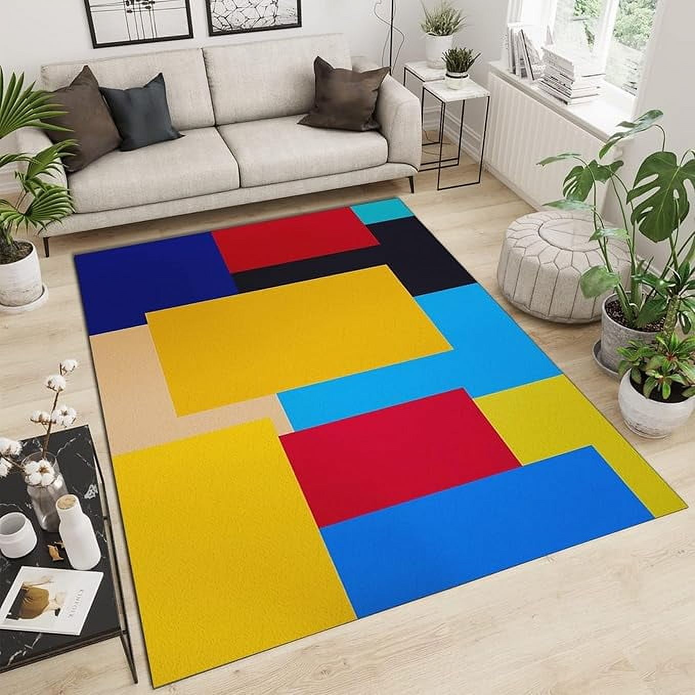 Abstract Color Blocks Area Rug, Art Red Yellow Blue Tricolor Non Slip ...