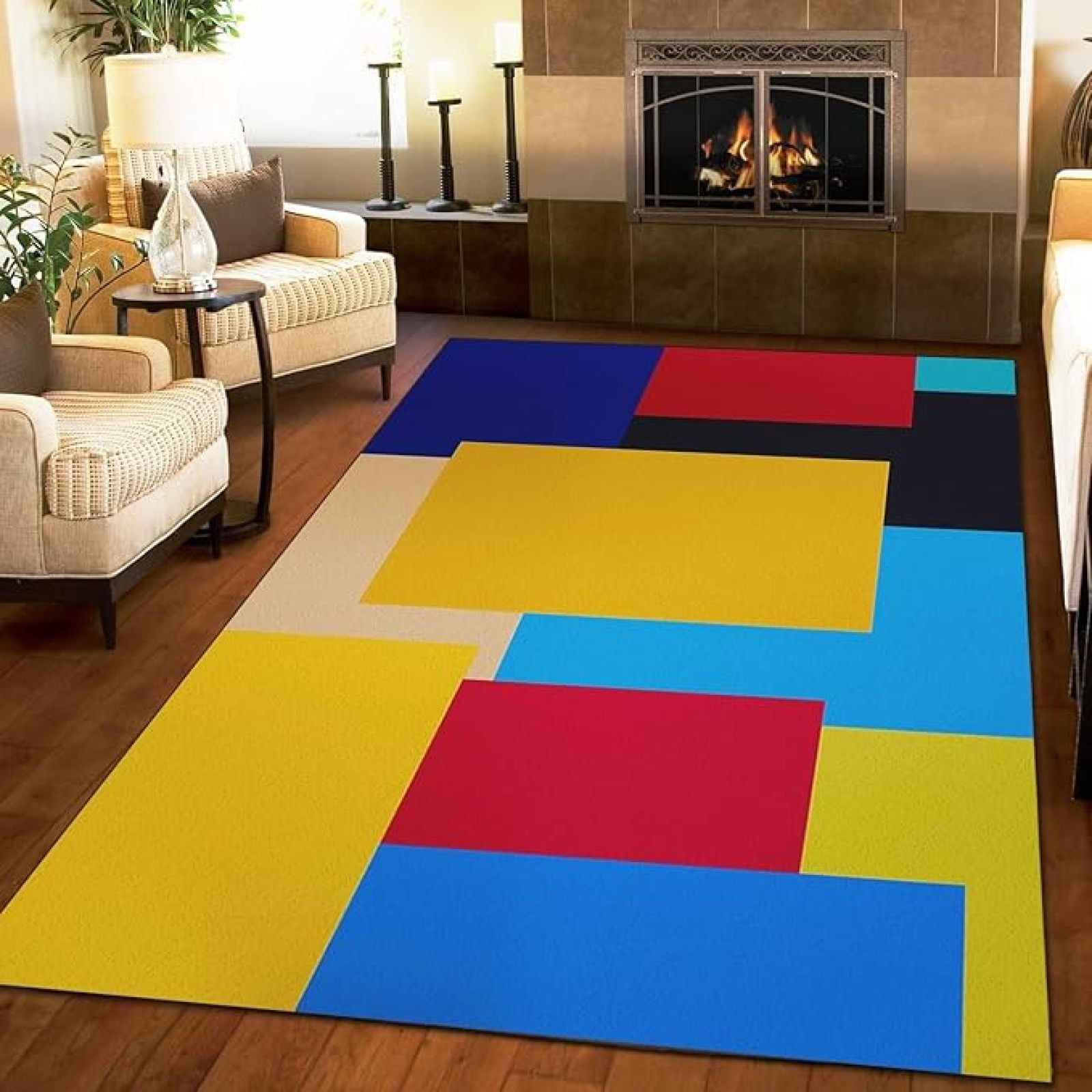 Abstract Color Blocks Area Rug, Fashion Art Red Yellow Blue Tricolor ...