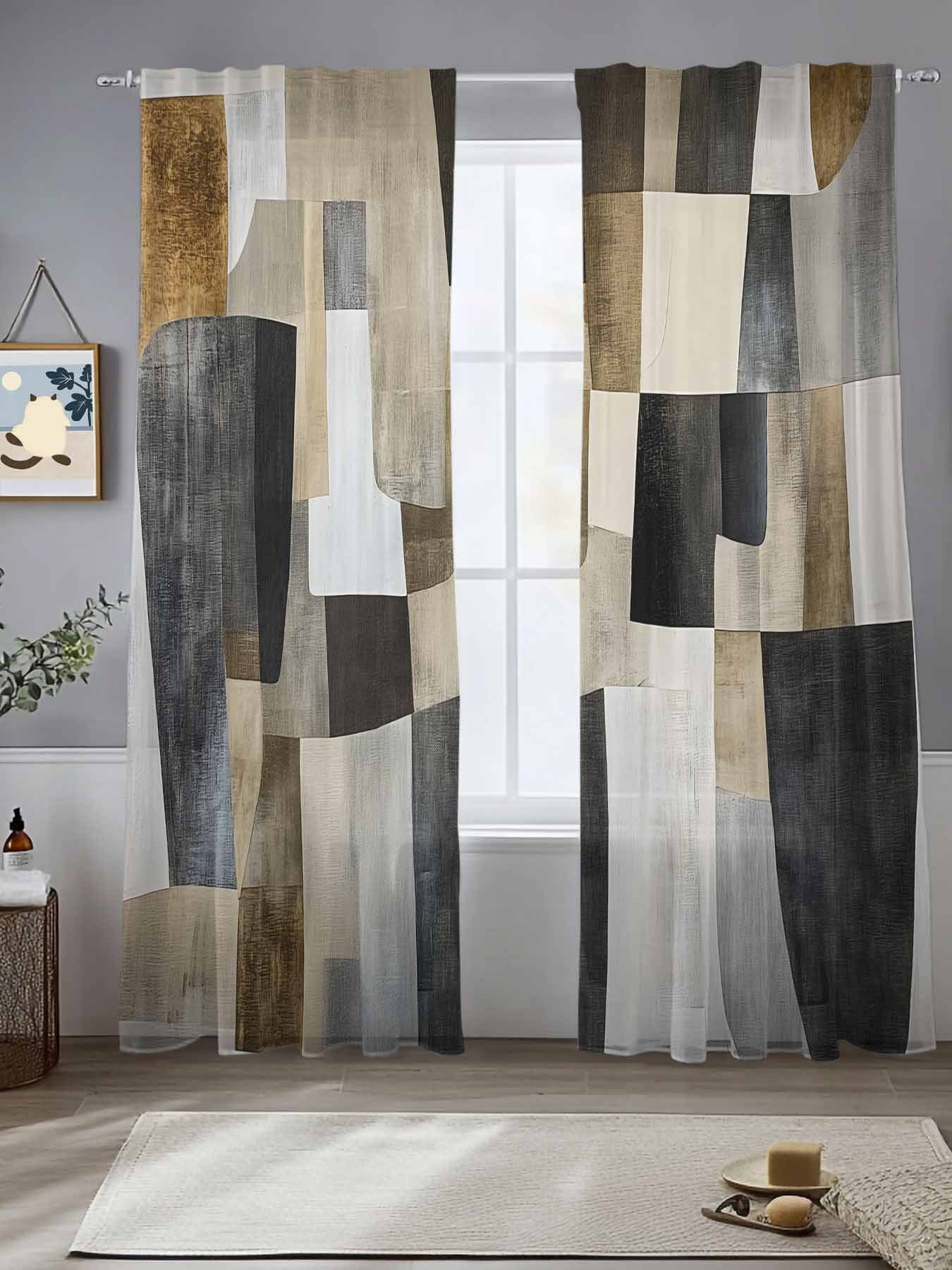 Abstract Color Blocks Sheer Curtains 108 Inches Long 2 Panels Black ...