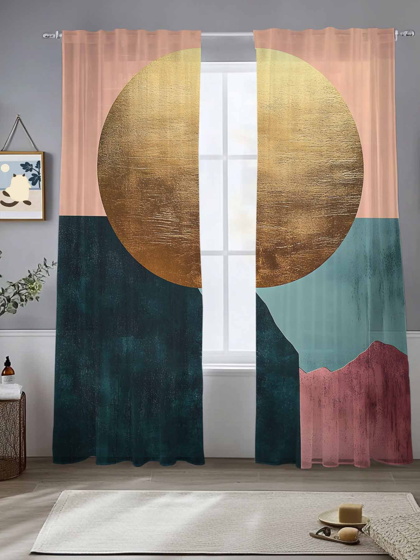 Abstract Color Blocks Sheer Curtains 108 Inches Long 2 Panels Geometric ...