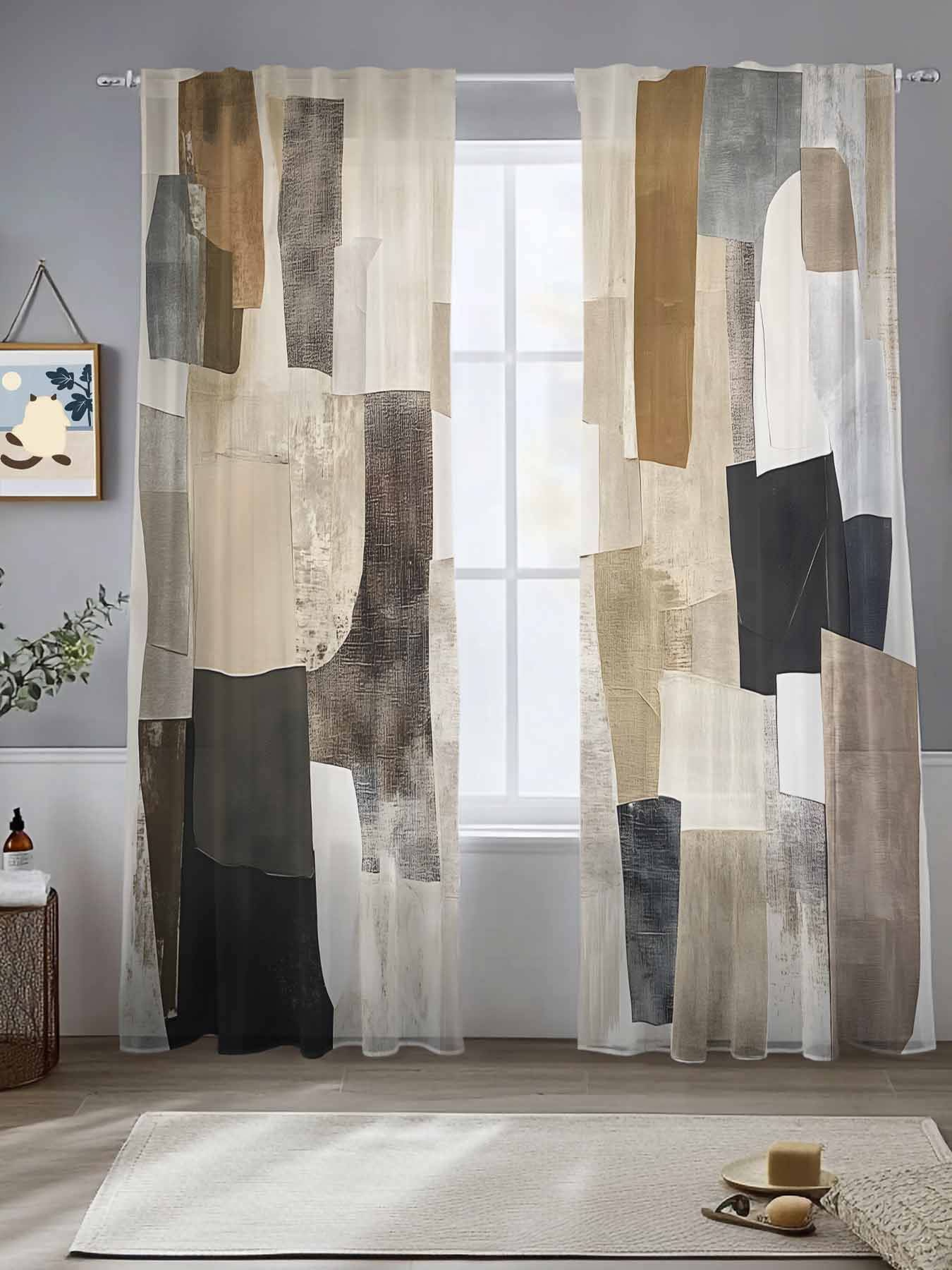Abstract Color Blocks Sheer Curtains 96 Inches Long 2 Panels Beige ...