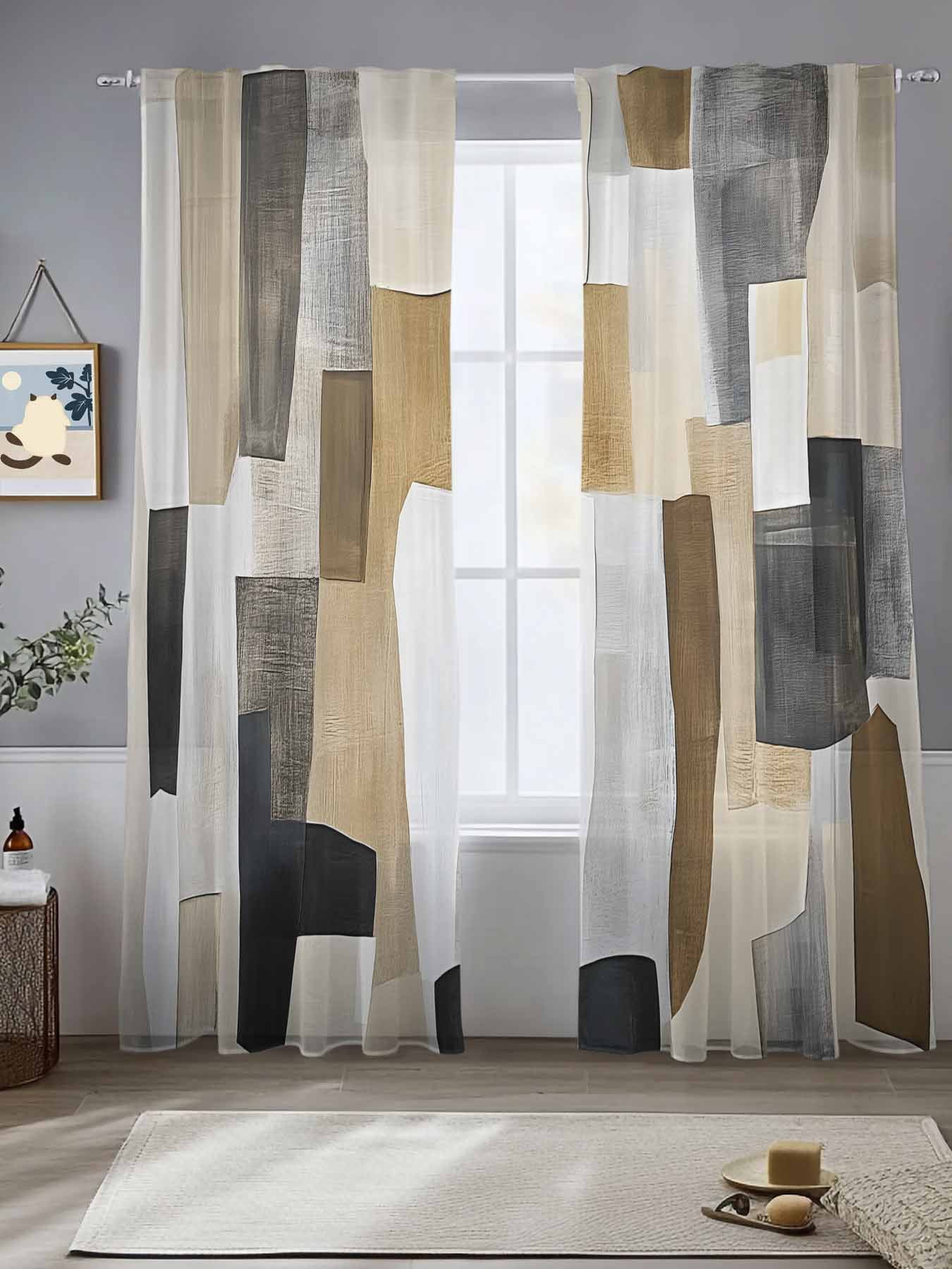 Abstract Color Blocks Sheer Curtains for Living Room Bedroom Modern ...