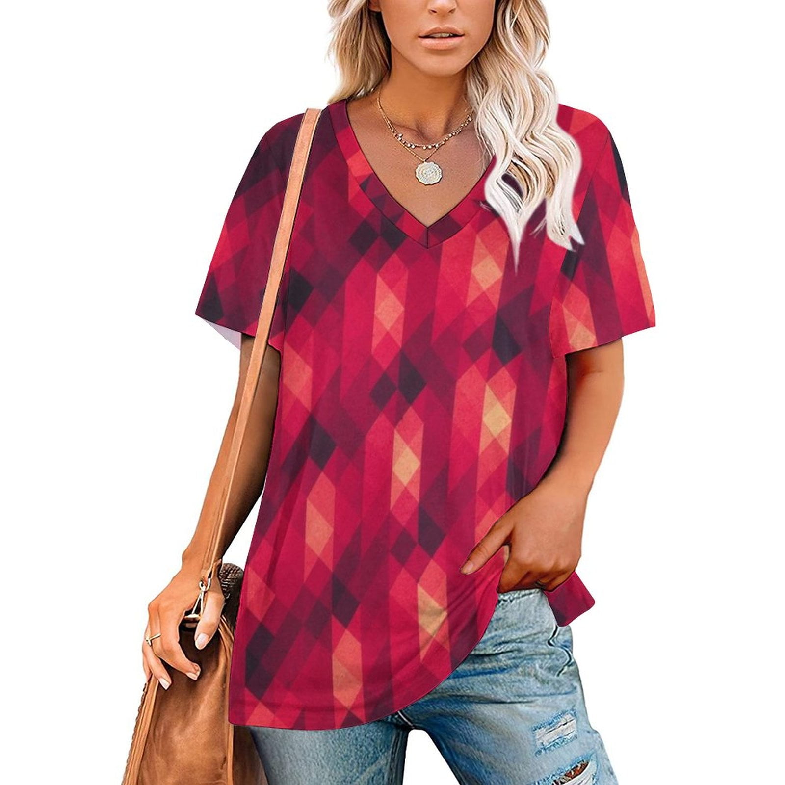 Abstract Color Pattern In Red Lotus Leaf Neck T-Shirt Long Sleeve Women ...