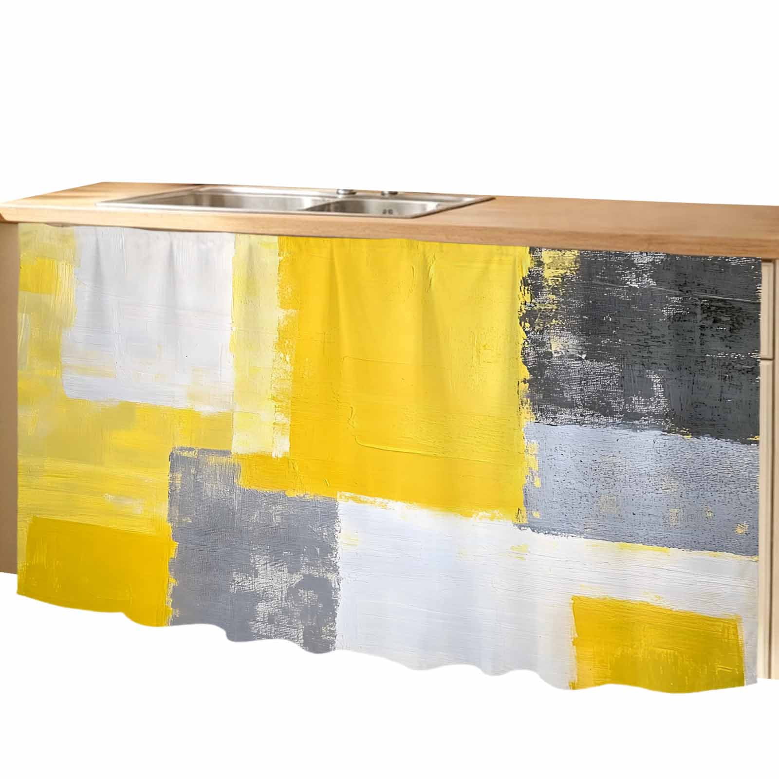 Abstract Color Stitching Cabinet Curtains Yellow Gray Wavy Pattern Sink ...