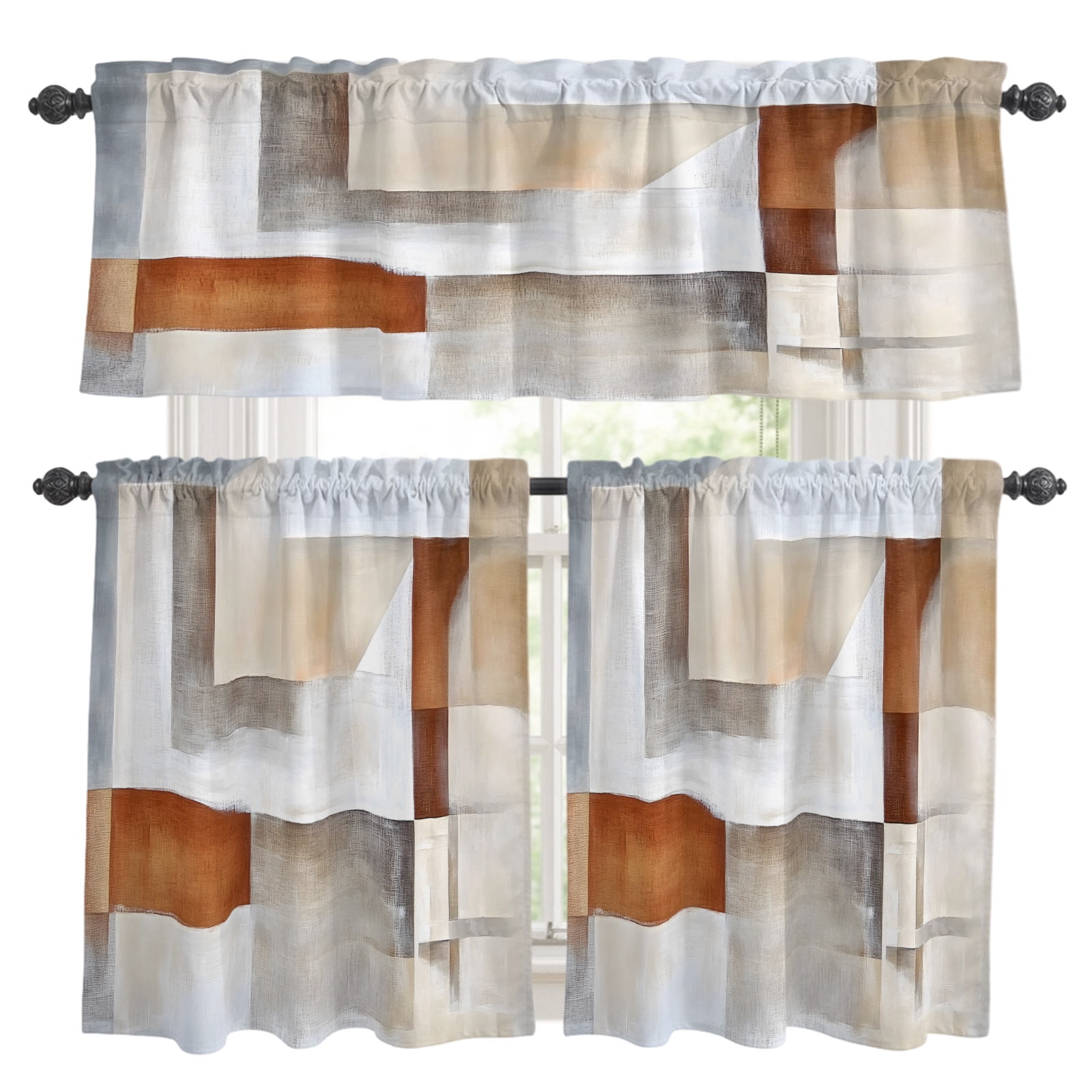 Abstract Color Stitching Kitchen Curtains Valance and Tier Set Graffiti ...
