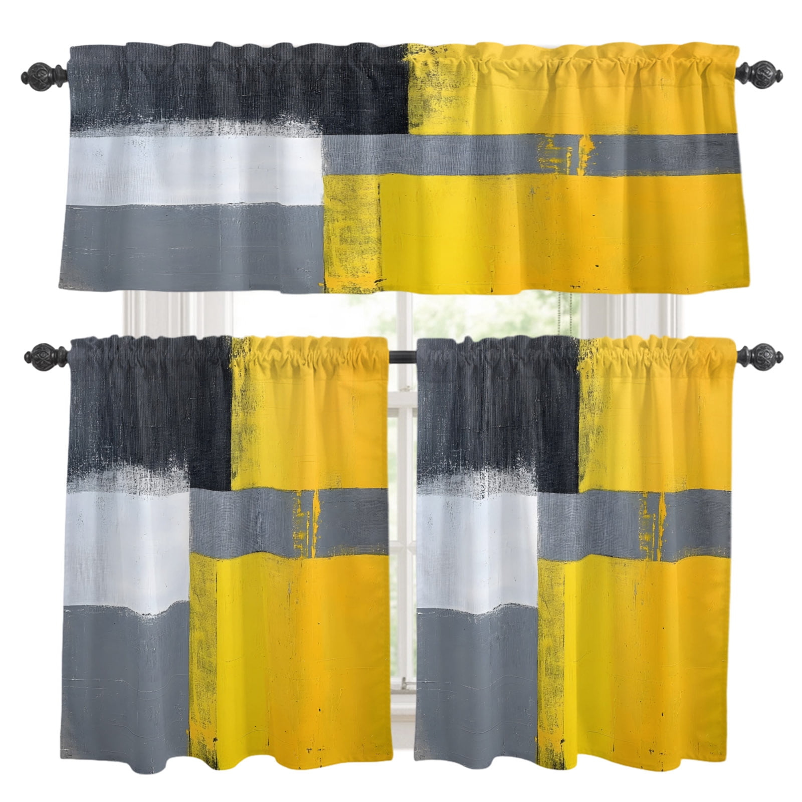 Abstract Color Stitching Kitchen Curtains Valance and Tier Set Yellow ...