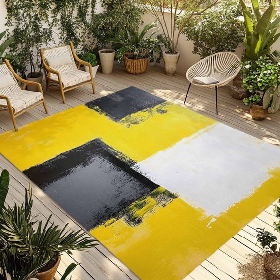 Abstract Color Stitching Outdoor Rug, Black Yellow Graffiti Art Non ...