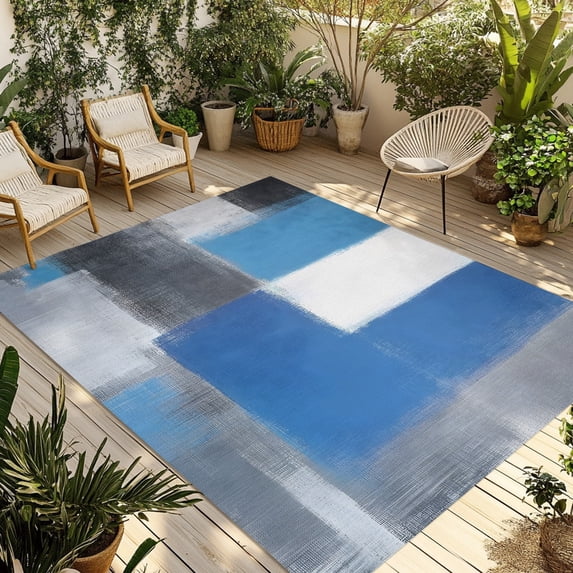 Abstract Color Stitching Outdoor Rug, Blue Gary Graffiti Art Non-Slip ...