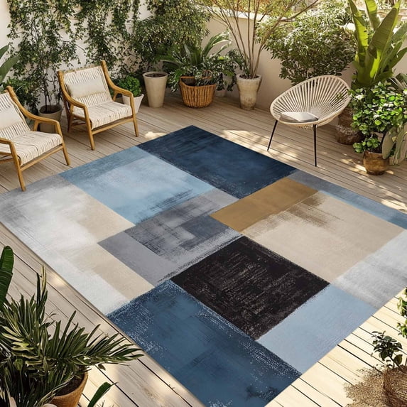 Abstract Color Stitching Outdoor Rug, Gary Blue Graffiti Art Non-Slip ...