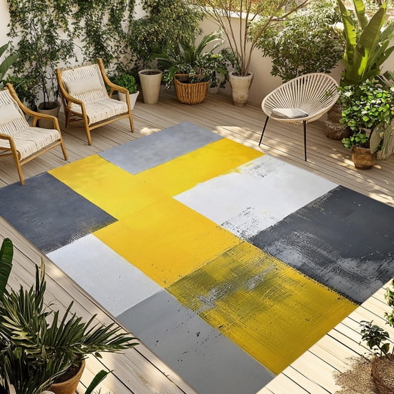 Abstract Color Stitching Outdoor Rug, Gray Yellow Graffiti Art Non-Slip ...