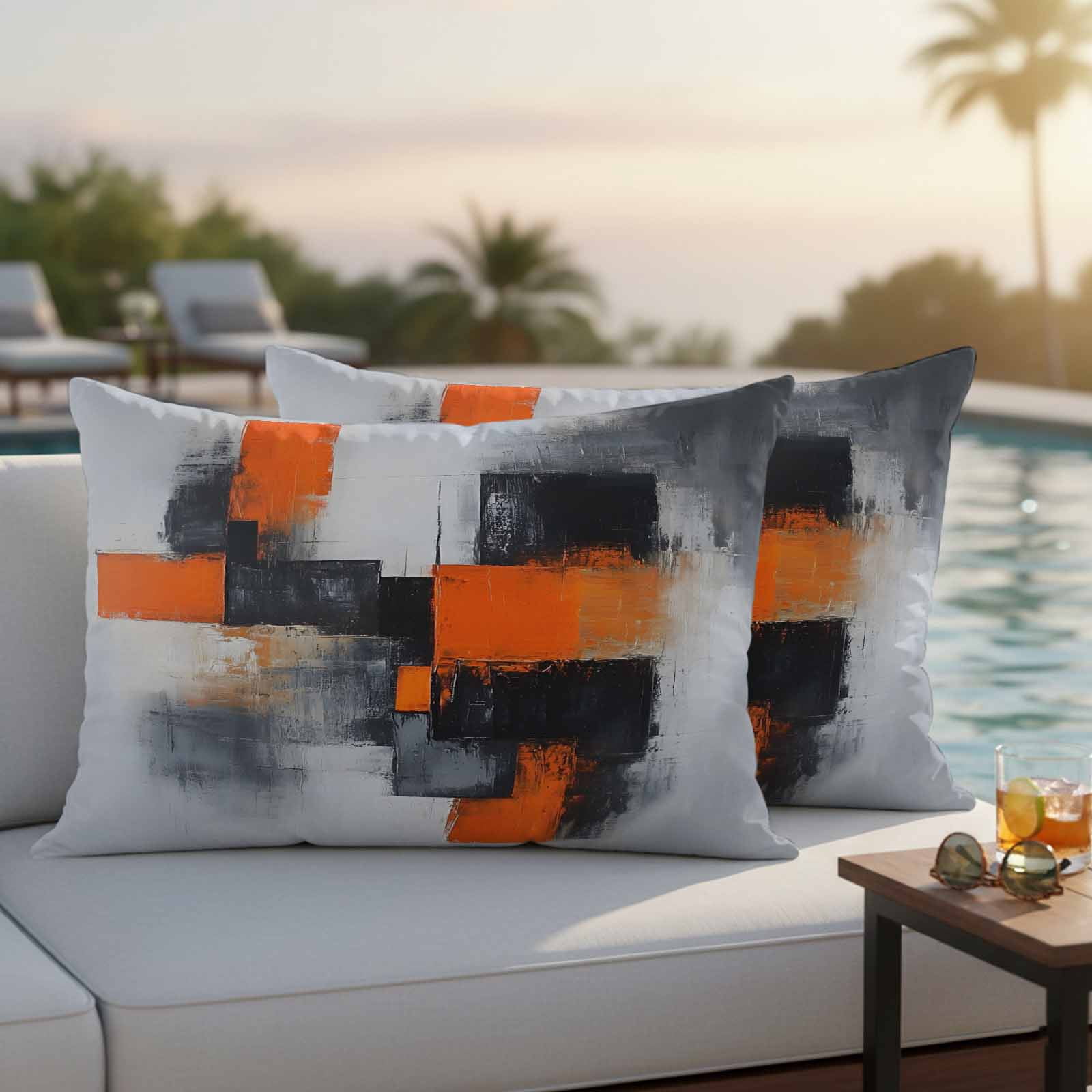 Abstract Color Stitching Outdoor Throw Pillow Covers Set of 2, Orange ...