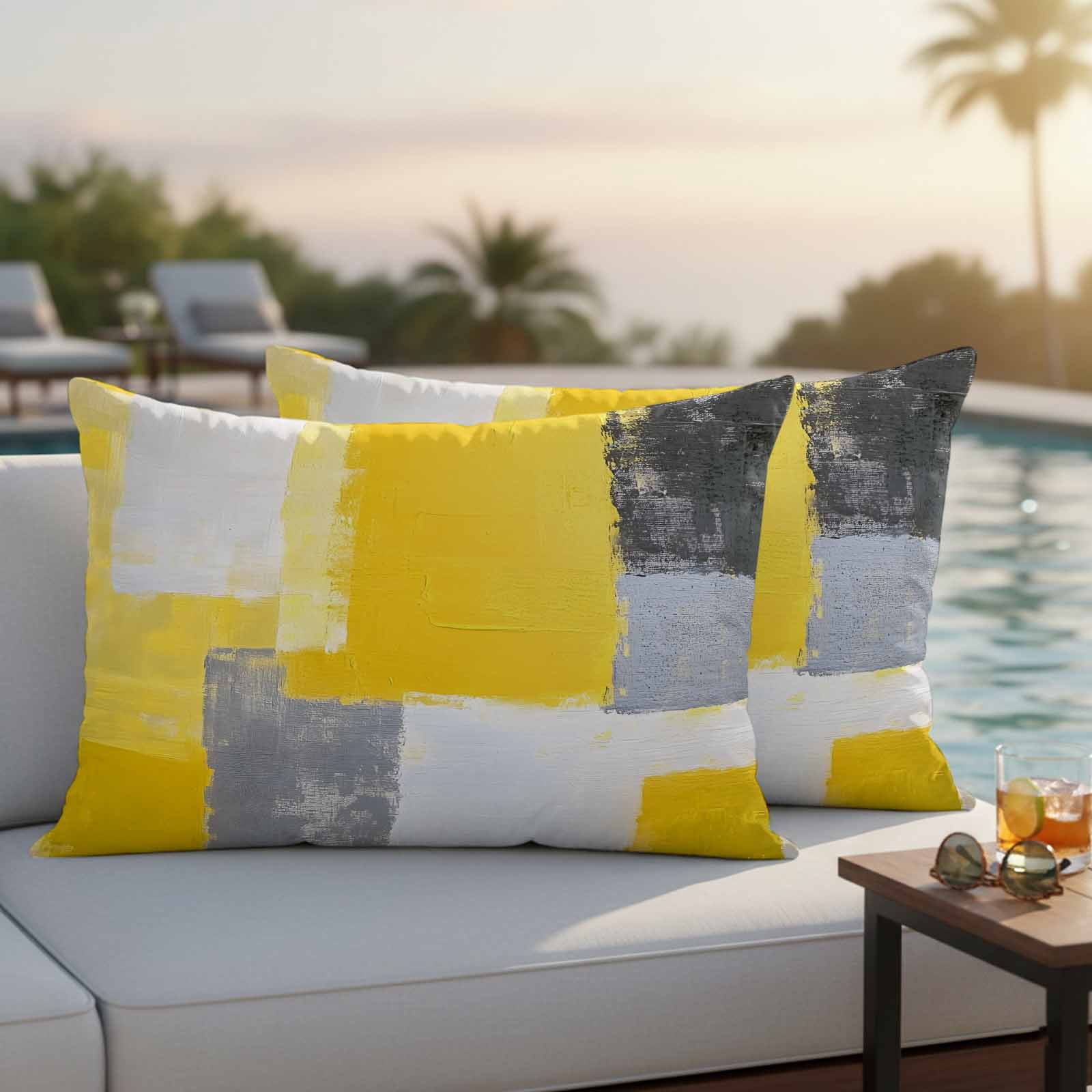 Abstract Color Stitching Outdoor Throw Pillow Covers Set of 2, Yellow ...