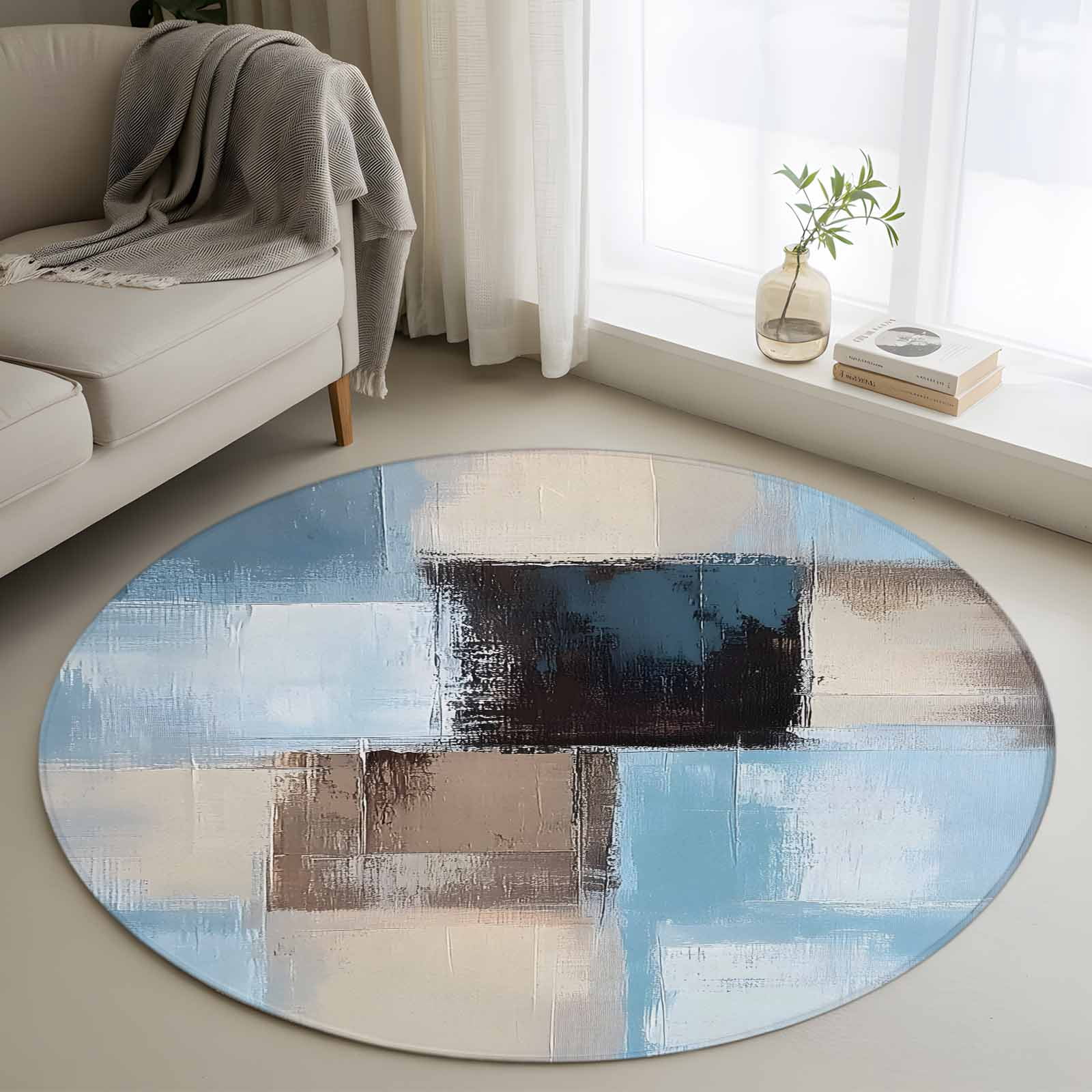 Abstract Color Stitching Round Rugs for Living Room 4ft Blue Brown ...