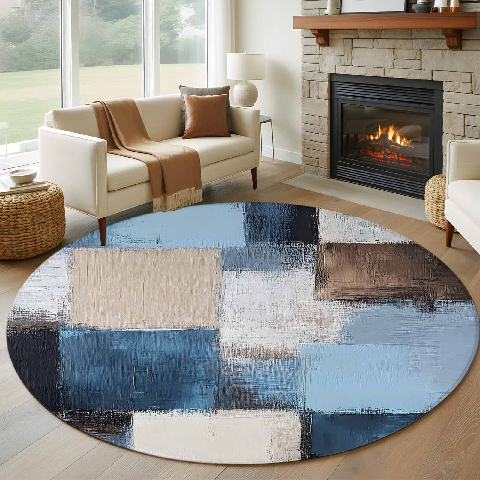 Abstract Color Stitching Round Rugs for Living Room 6ft Blue Brown ...